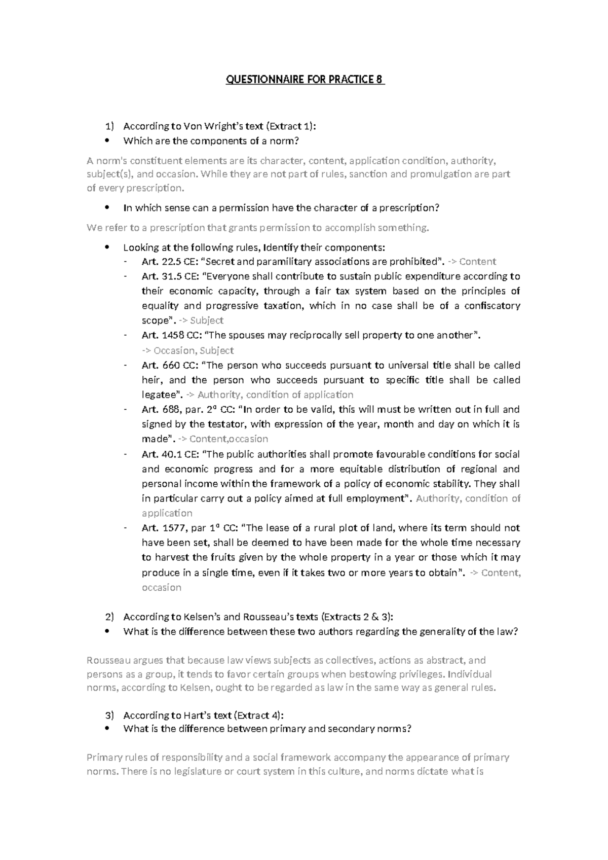 Practice 8 Questionnaire - QUESTIONNAIRE FOR PRACTICE 8 According to Von Wright’s text (Extract ...
