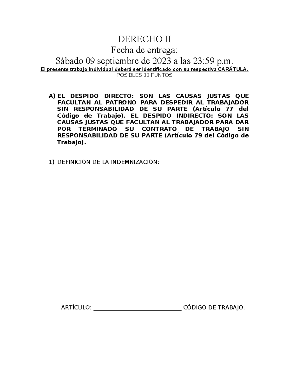 Despido Directo E Indirecto - DERECHO II Fecha de entrega: Sábado 09 ...
