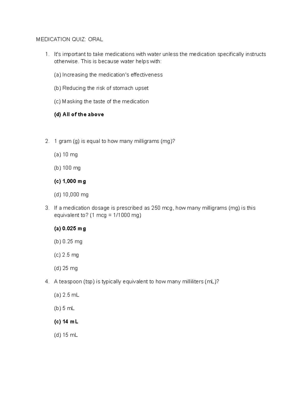 Medication QUIZ - yeah - MEDICATION QUIZ: ORAL It's important to take ...