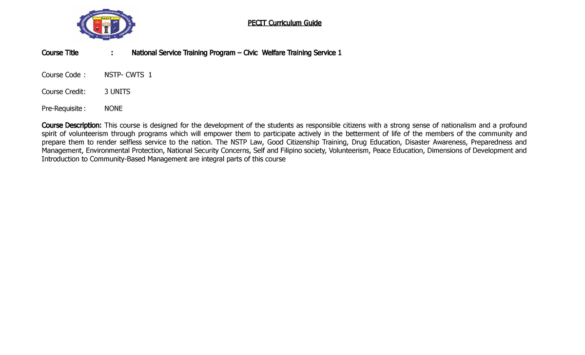 NSTP -CWTS 1 Cur Guide (1)New 2021 - PECIT Curriculum Guide Course ...