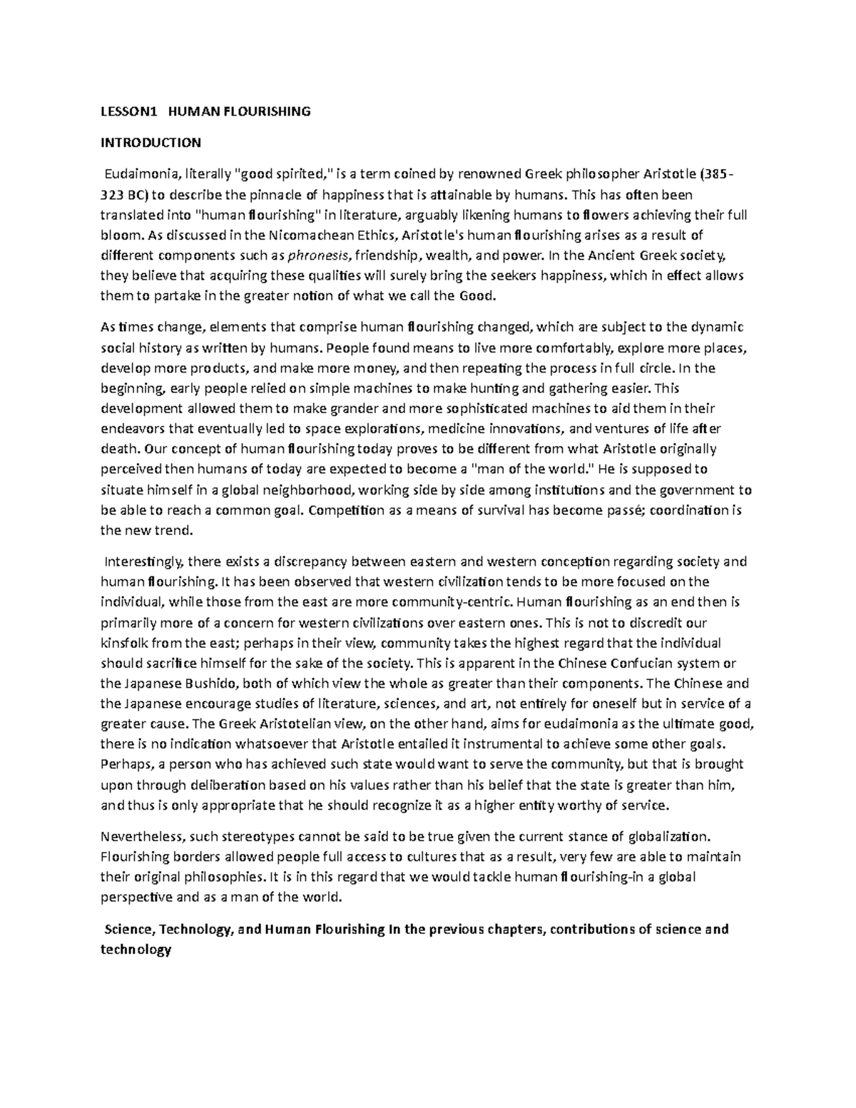 Chap 2, lesson 1-3 sts - LESSON1 HUMAN FLOURISHING INTRODUCTION ...