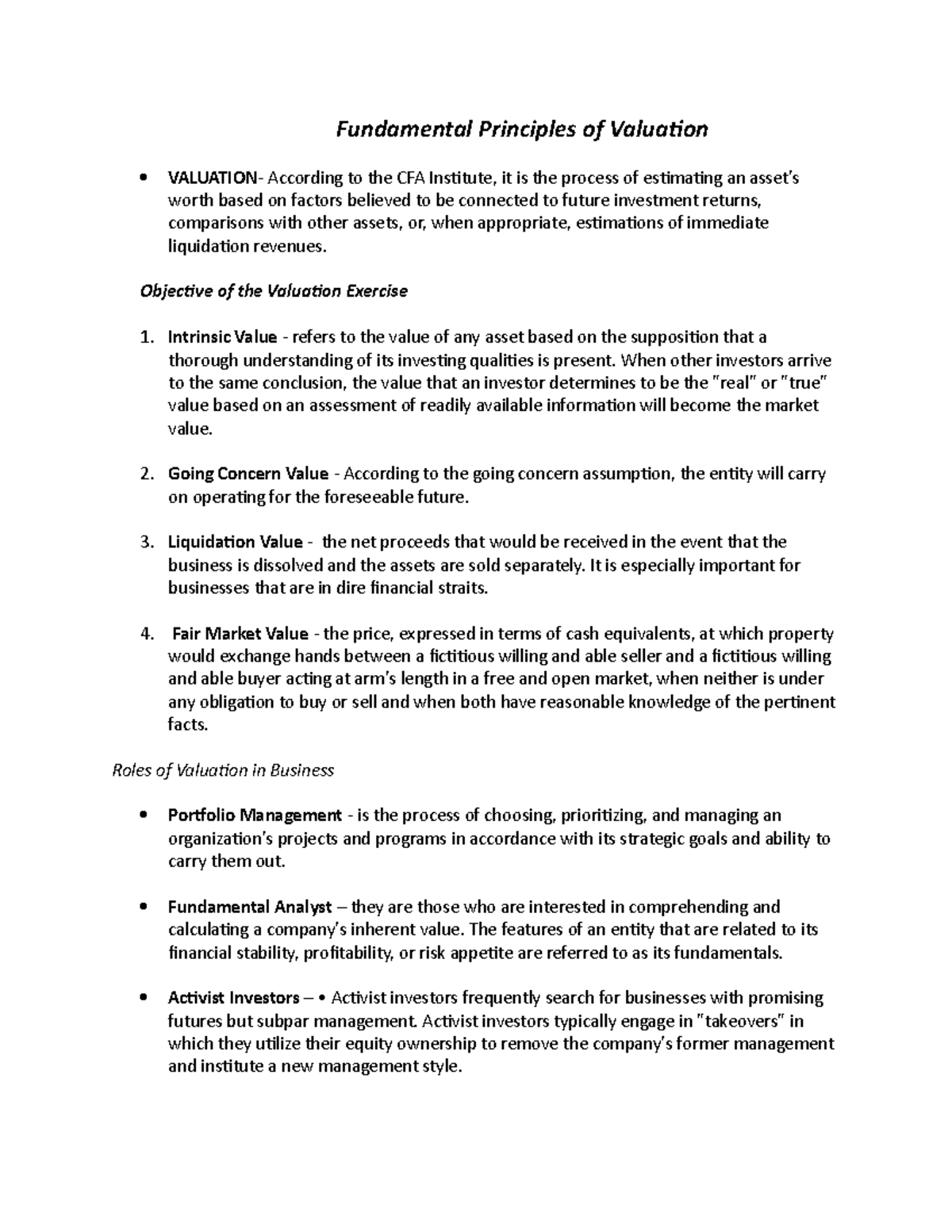 Fundamental Principles of Valuation - Objective of the Valuation ...