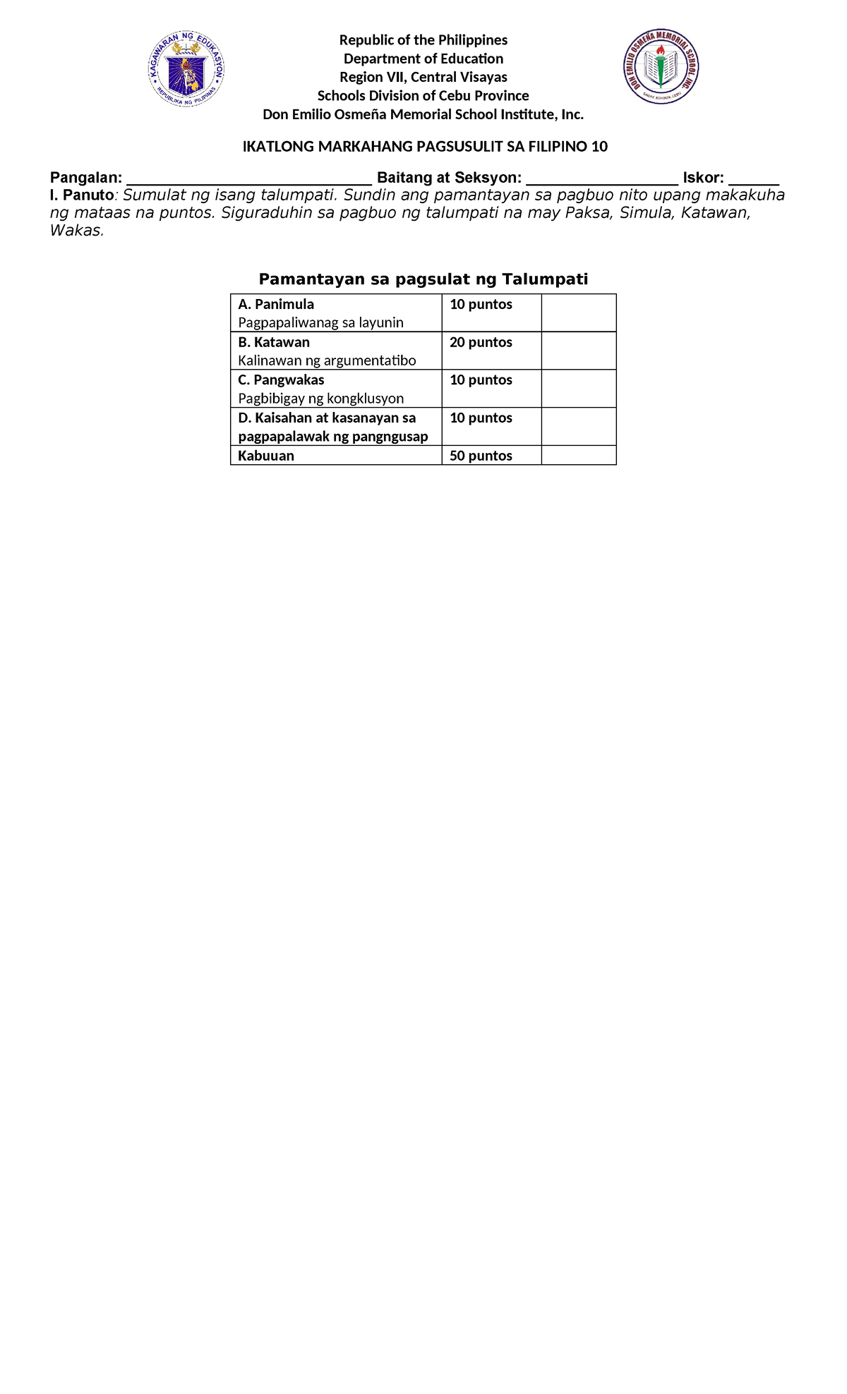 3rd quarter Filipino 10 - Republic of the Philippines Department of ...