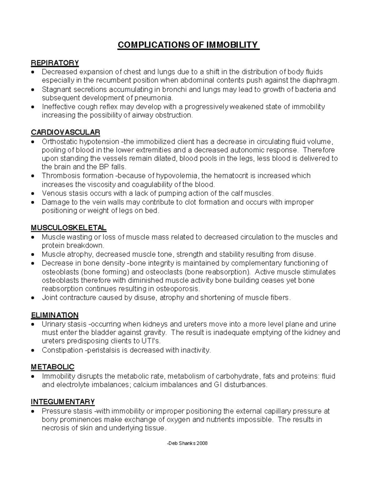 Complications of Immobility - COMPLICATIONS OF IMMOBILITY REPIRATORY x ...