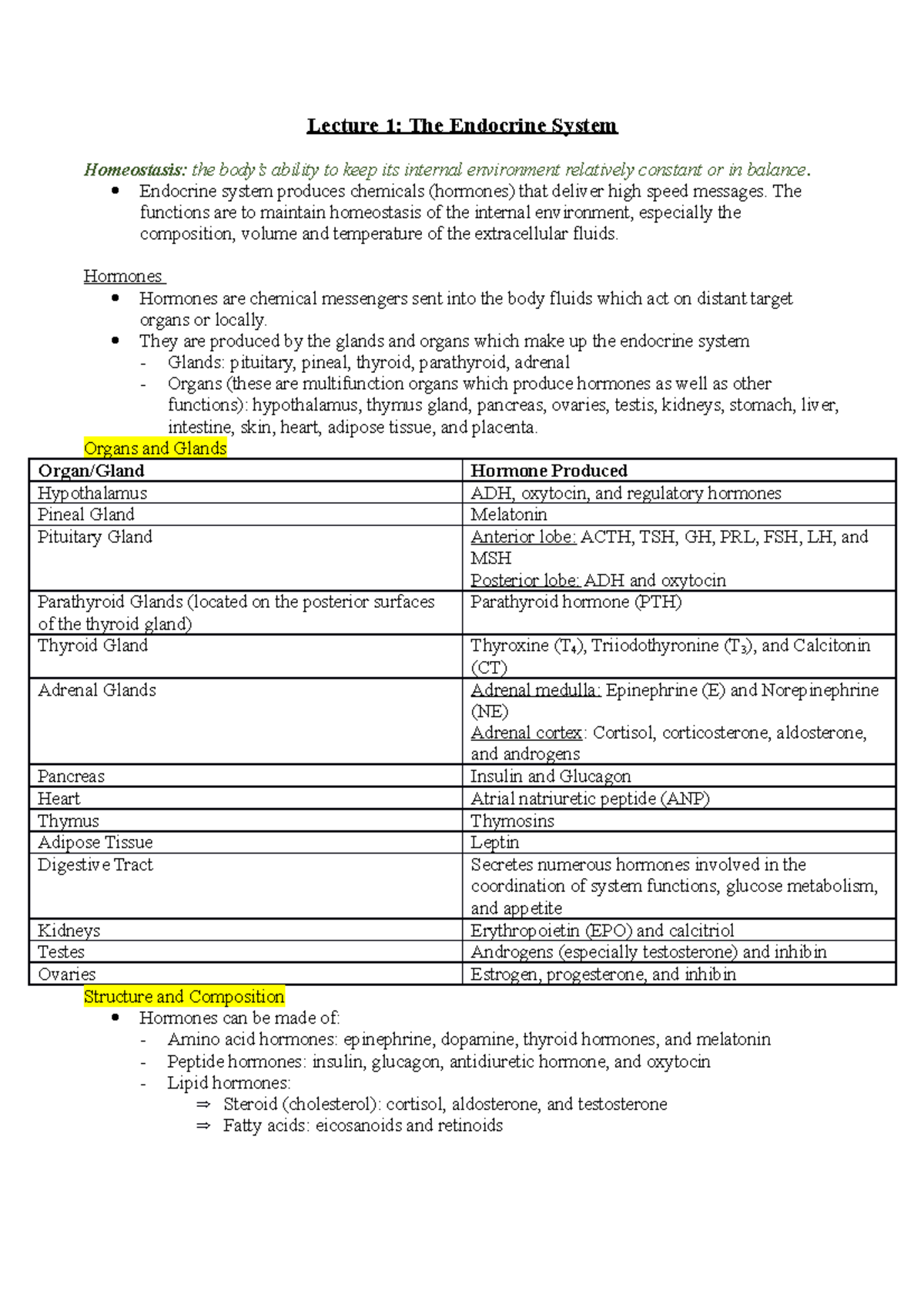 Endocrine system - Lecture 1: The Endocrine System Homeostasis: the ...