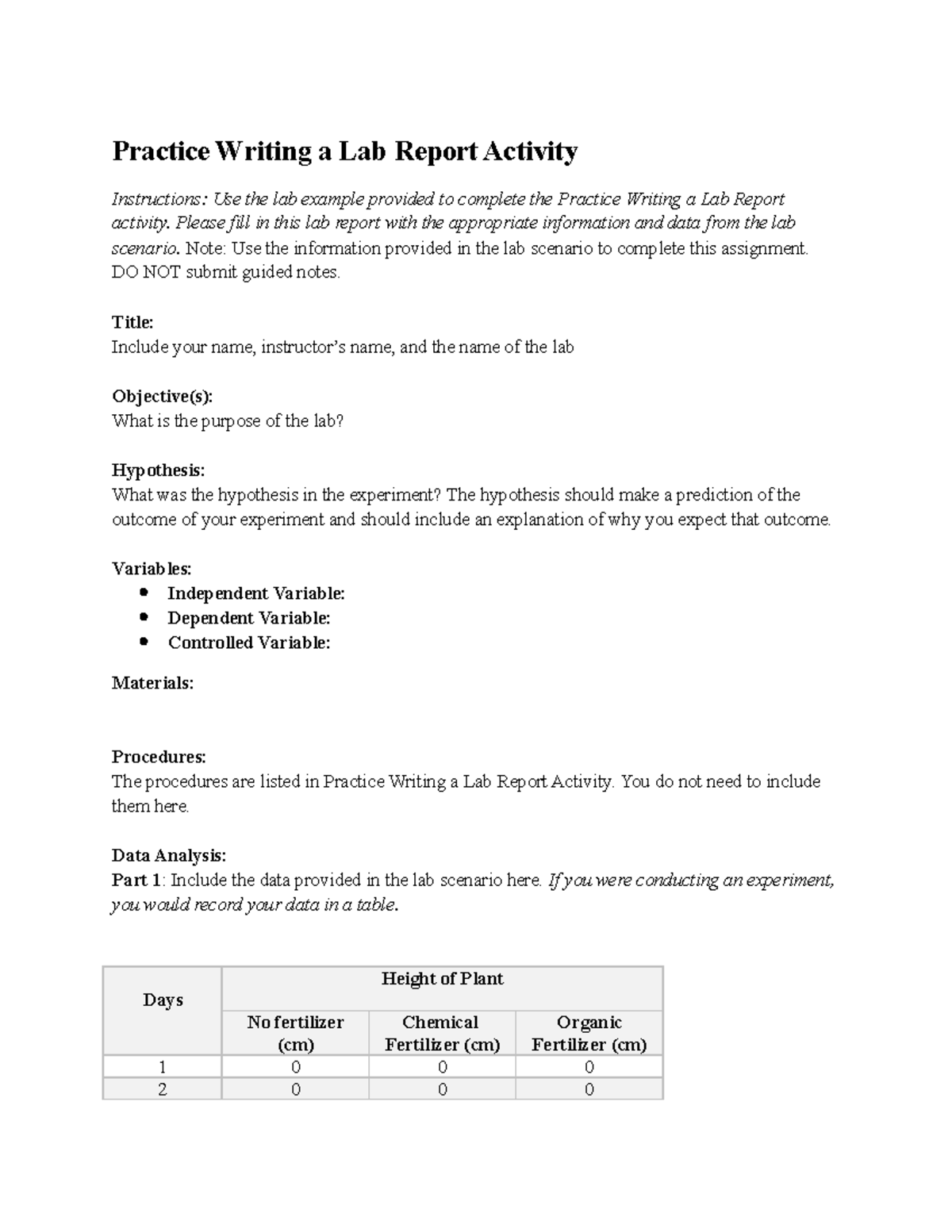 Practice lab report - Practice Writing a Lab Report Activity ...