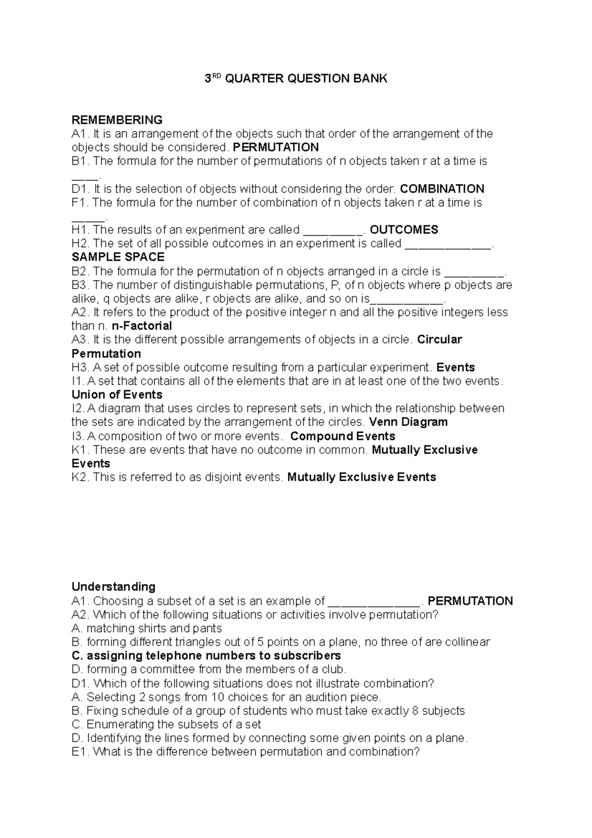 3RD Quarter Question BANK 10 - 3 RD QUARTER QUESTION BANK REMEMBERING ...