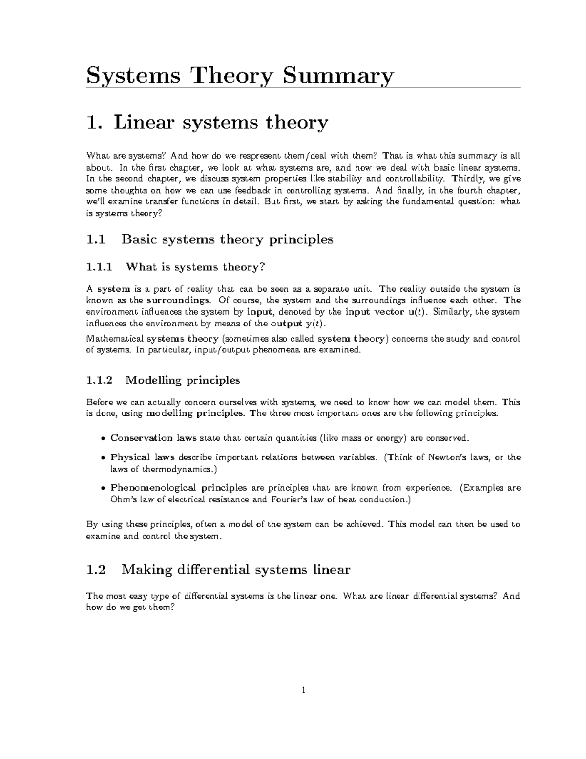 Summary System Theory: complete, - Systems Theory Summary 1. Linear ...
