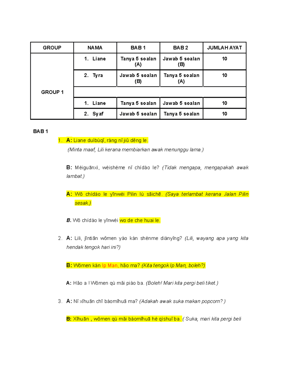 Simulation 1 - TMC451 tutorial work 2021 - GROUP NAMA BAB 1 BAB 2 JUMLAH AYAT 1. Liane Tanya 5 ...