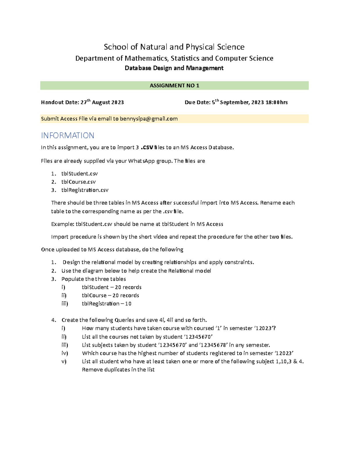 Assignment 1 - School of Natural and Physical Science Department of ...