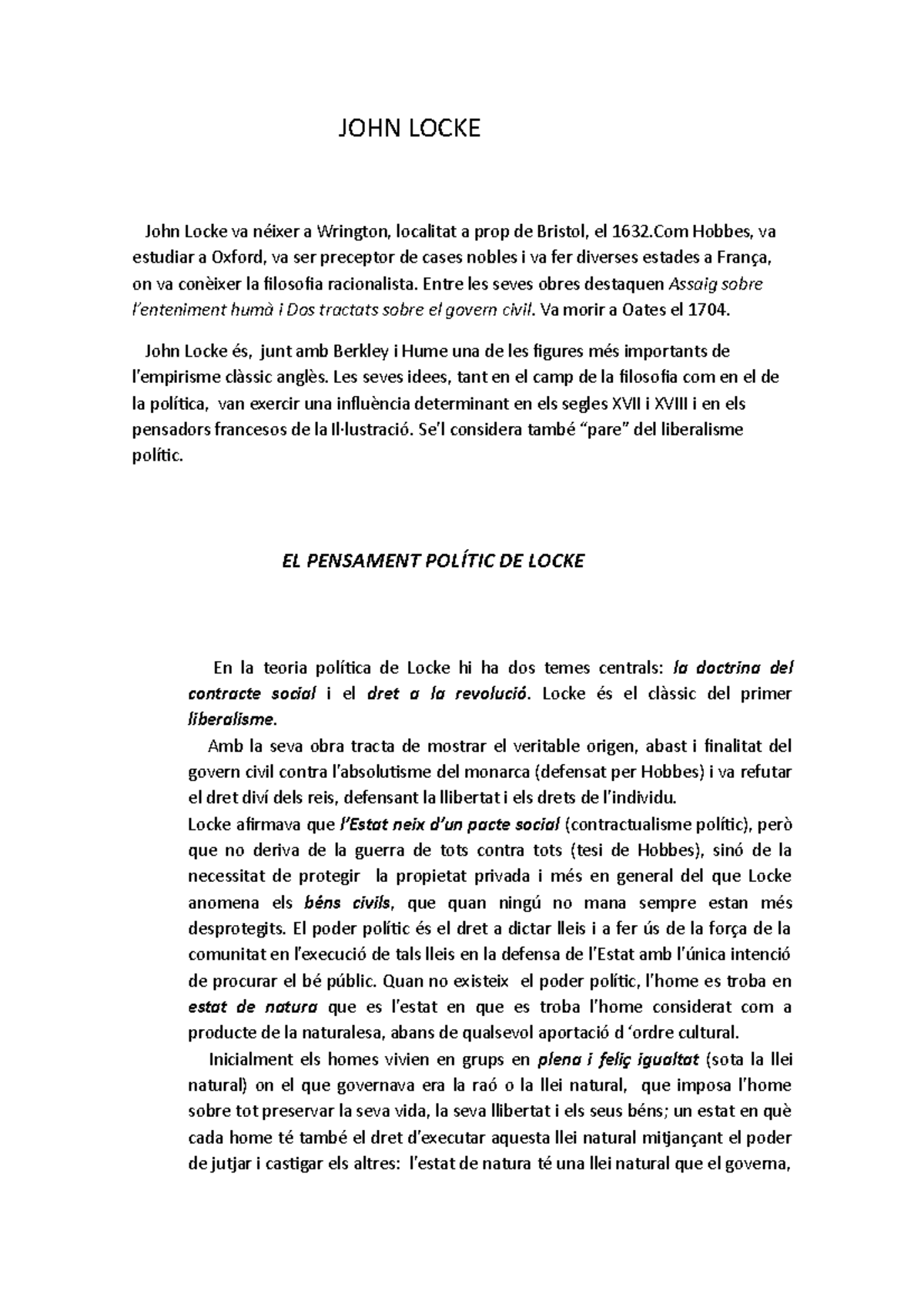 totes les teories de Locke - JOHN LOCKE John Locke va néixer a Wrington ...