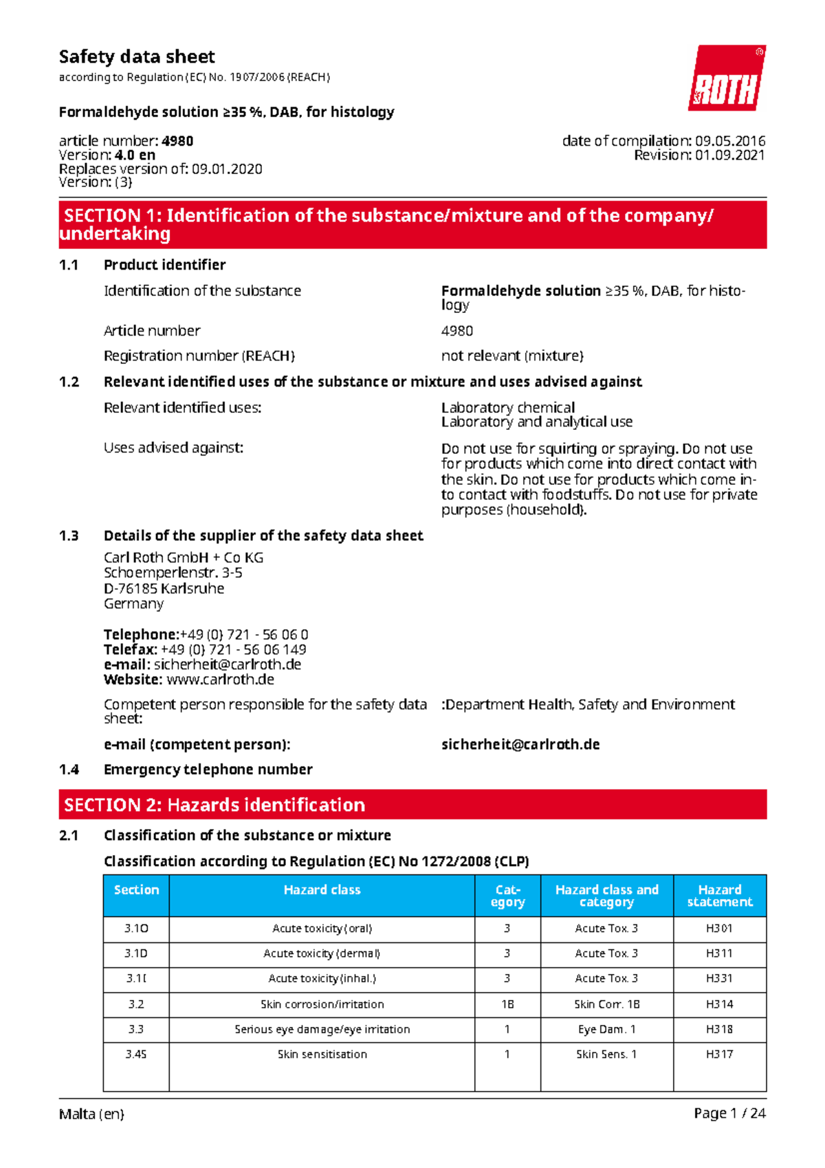 Formaldehyde msds - SECTION 1: Identification of the substance/mixture ...
