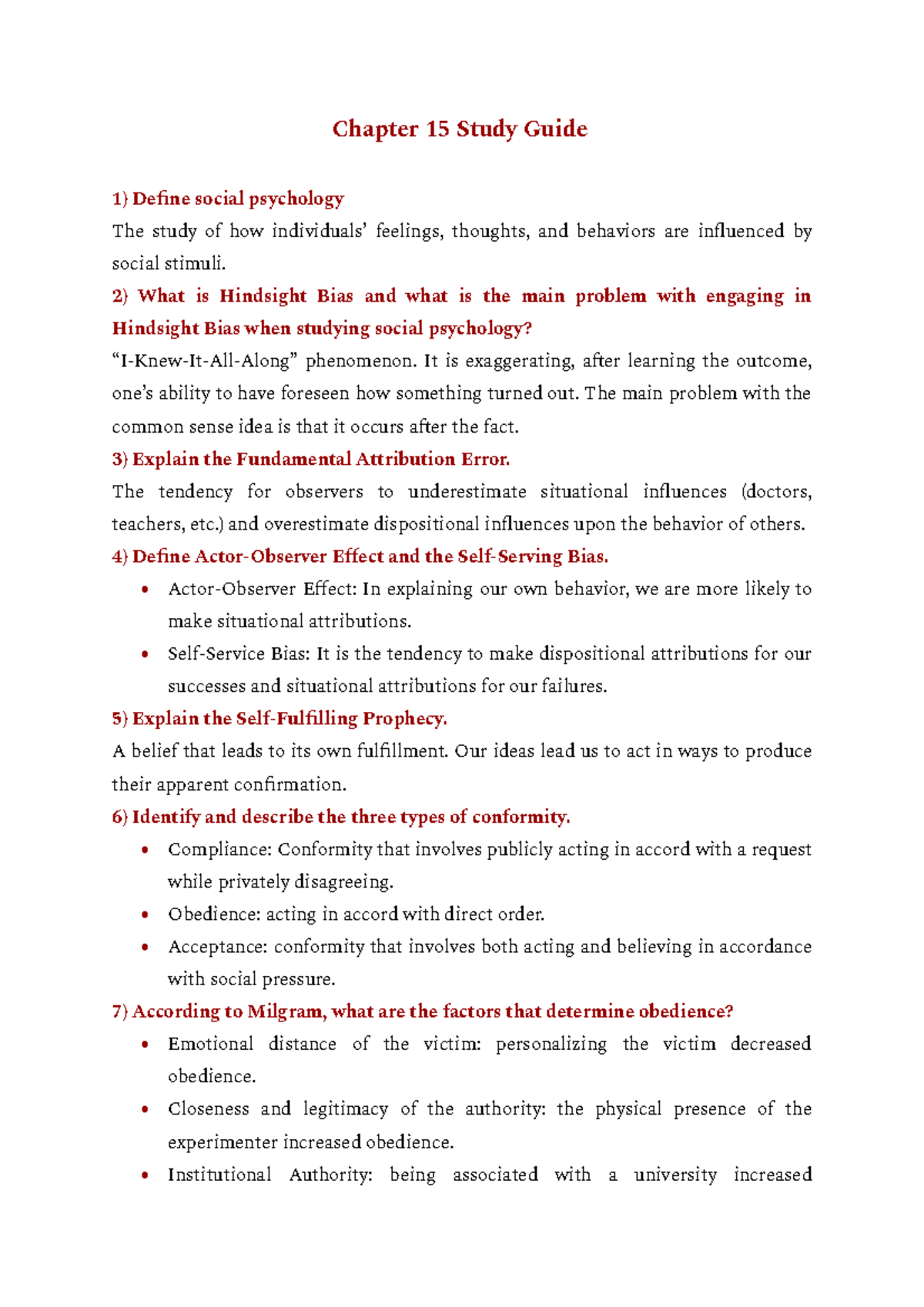 Chapter 15 Study Guide - Chapter 15 Study Guide Define social psychology The study of how - Studocu