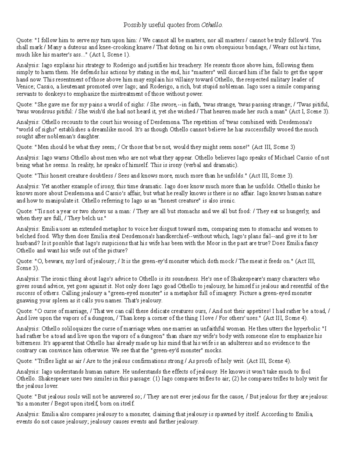 Possible quotes for seminar - Possibly useful quotes from Othello ...