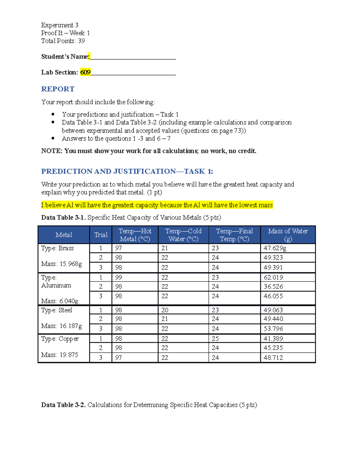 Proof It Week 1 Chem Lab - Proof It – Week 1 Total Points: 39 Student’s ...