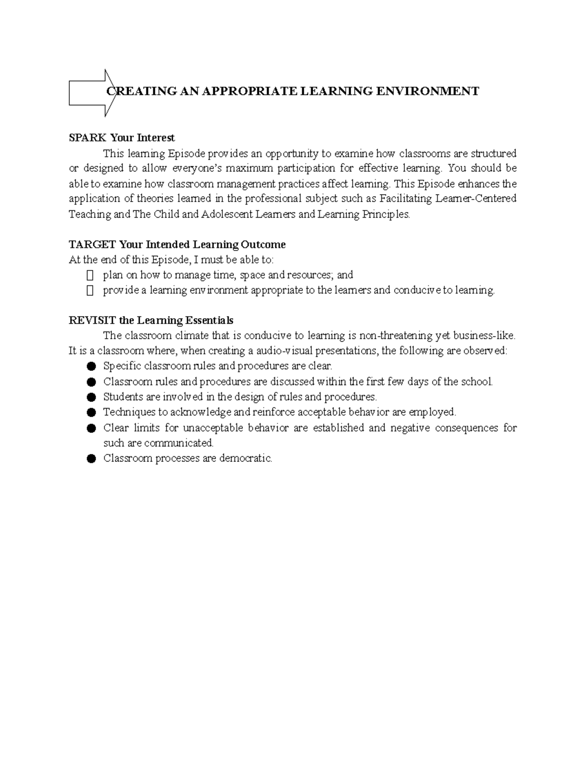 Creating AN Appropriate Learning Environment unfinished - CREATING AN ...