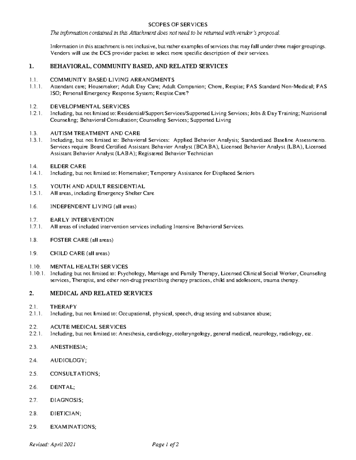 Scope of Services Examples - SCOPES OF SERVICES Revised: April 2021 ...