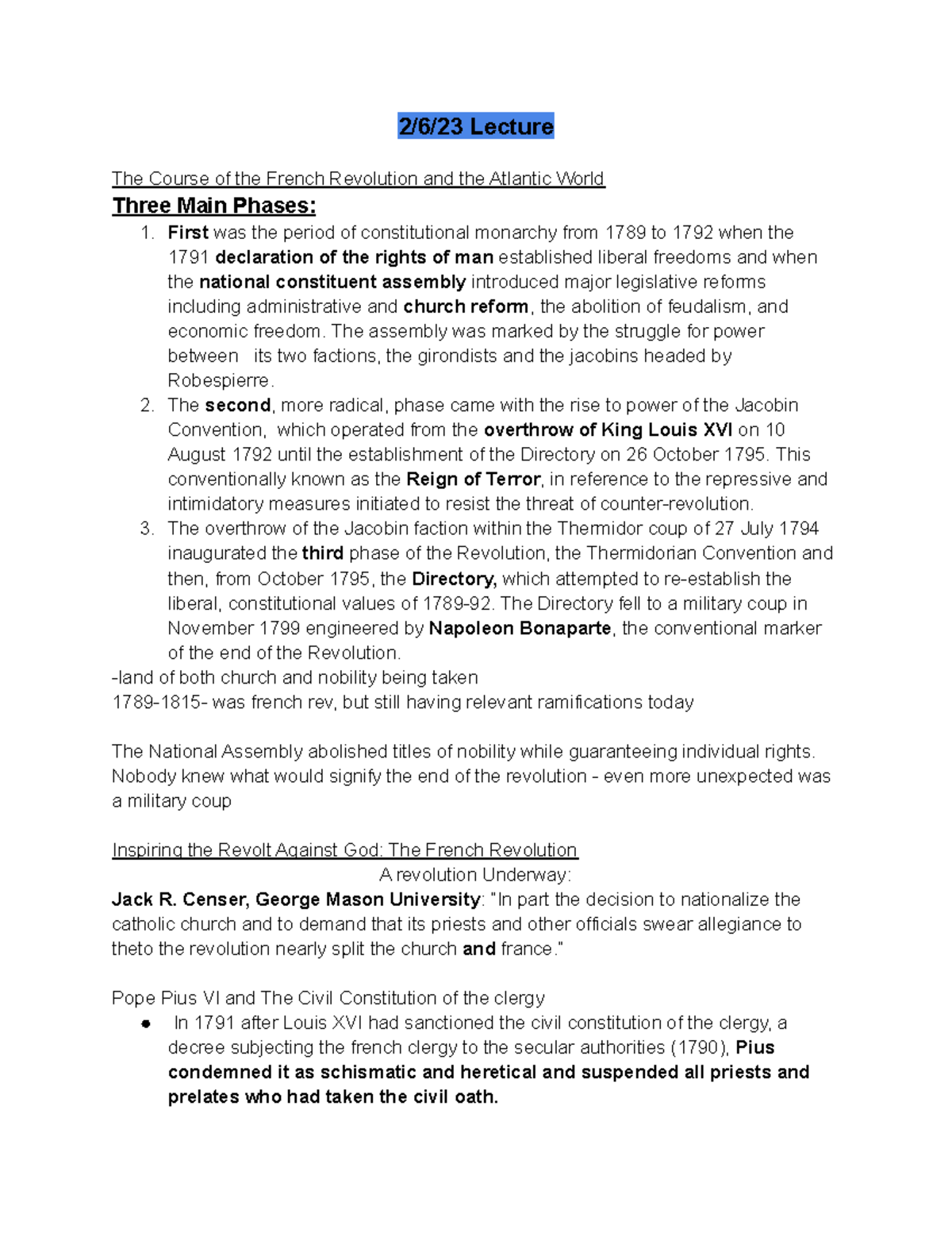 2 6 23 Lecture - 2/6/23 Lecture The Course of the French Revolution and ...