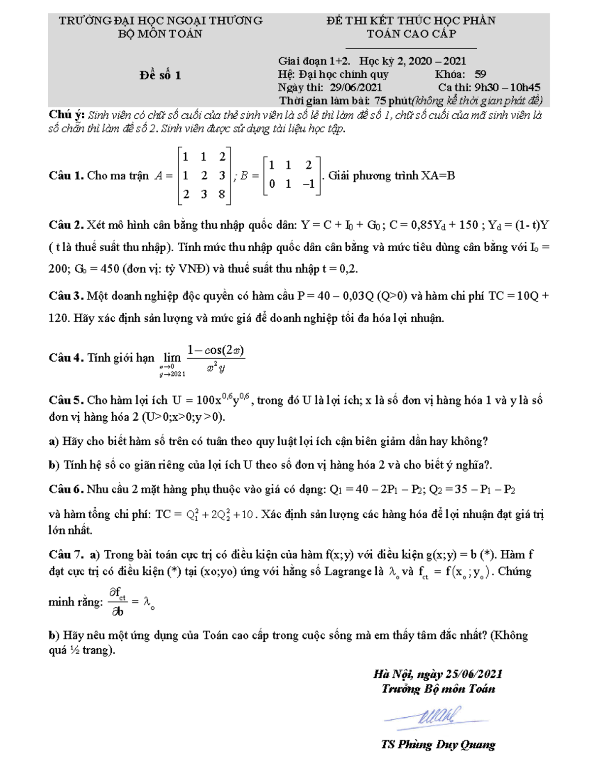 De thi cuoi ky Toan cao cap TOA105 - Toán cao cấp - Studocu