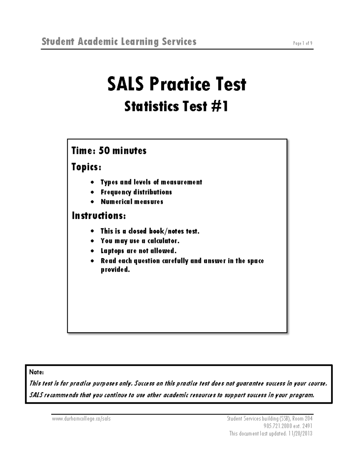 Statistics Practice Test 1 frequency distributions and numerical ...