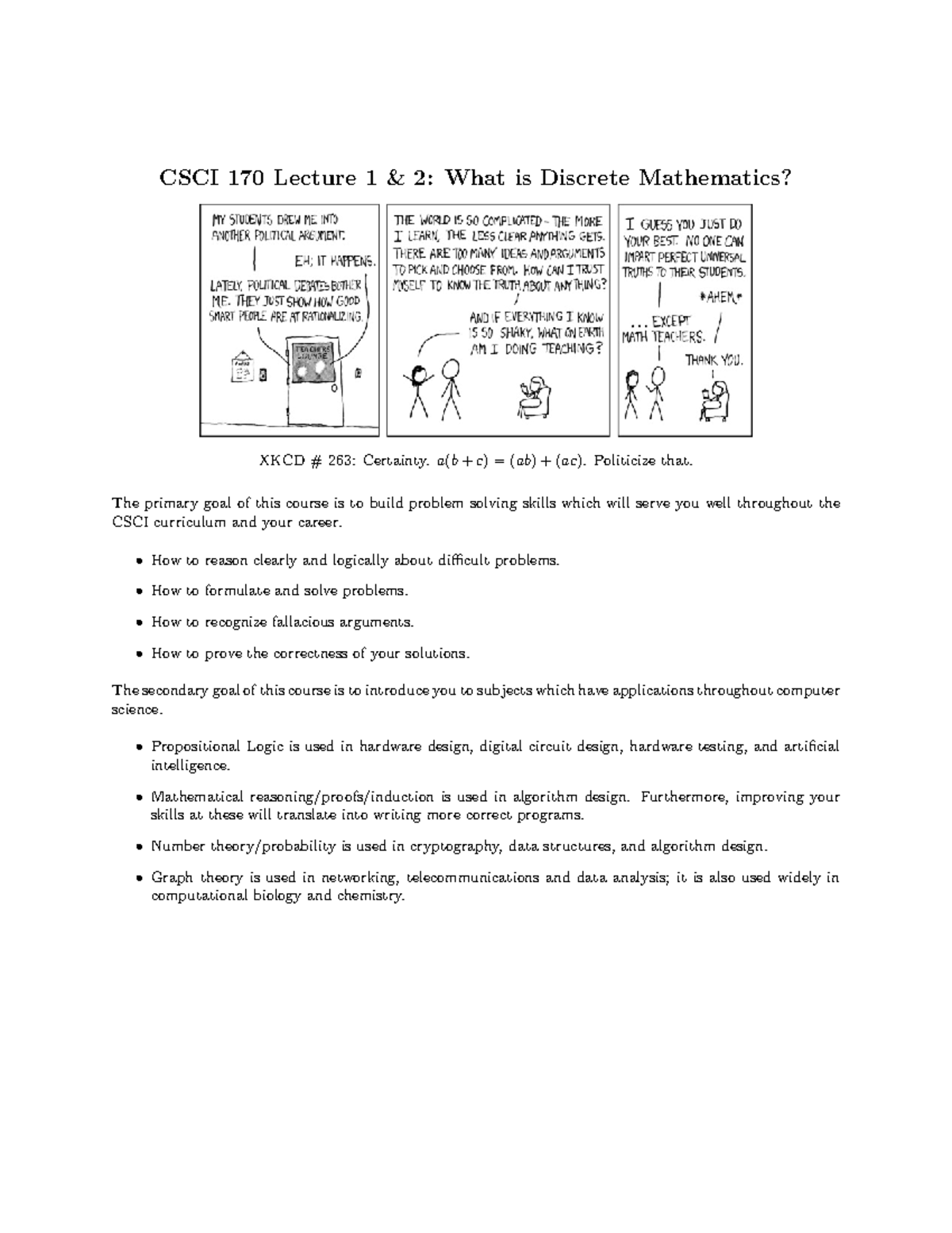 170handout 1 - Handout 1 - CSCI 170 Lecture 1 & 2: What is Discrete Mathematics? XKCD # 263 ...