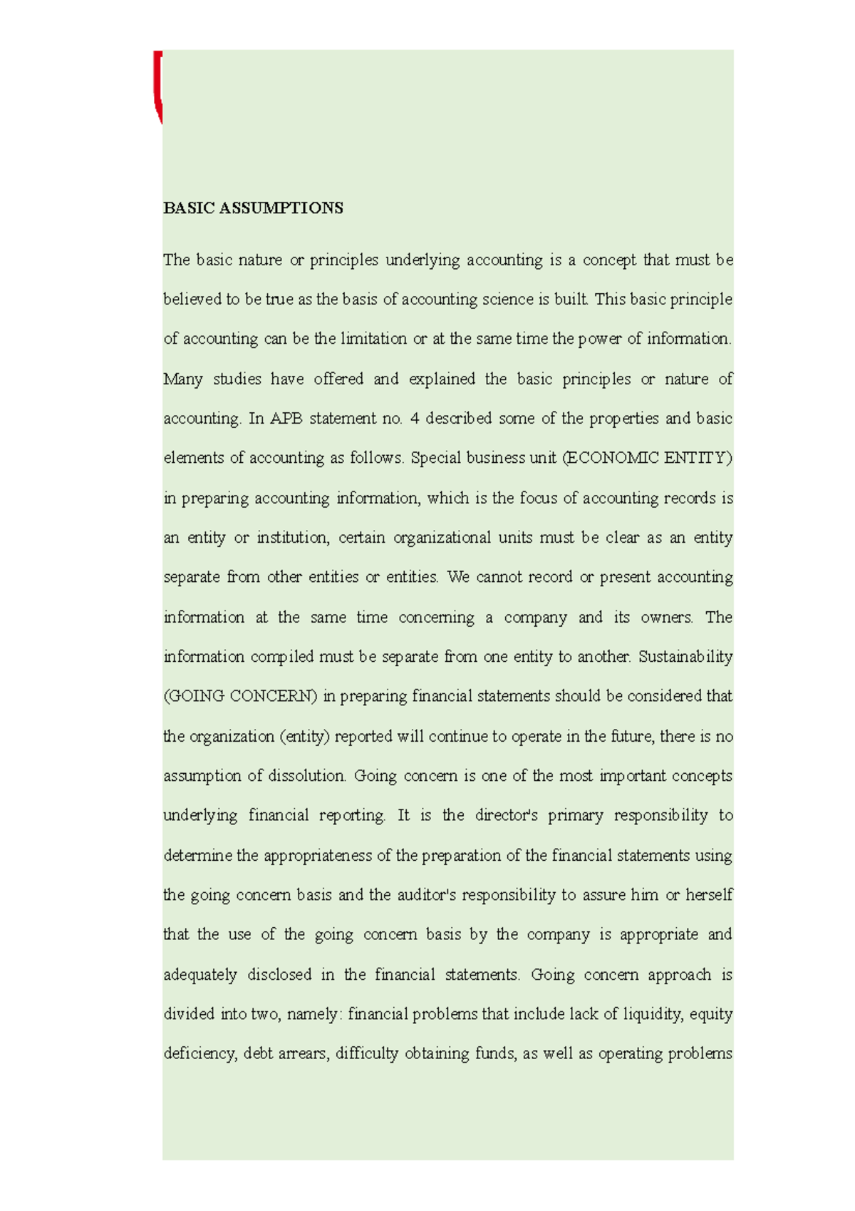 Notes Study Accounting - Basic Assumptions - BASIC ASSUMPTIONS The ...