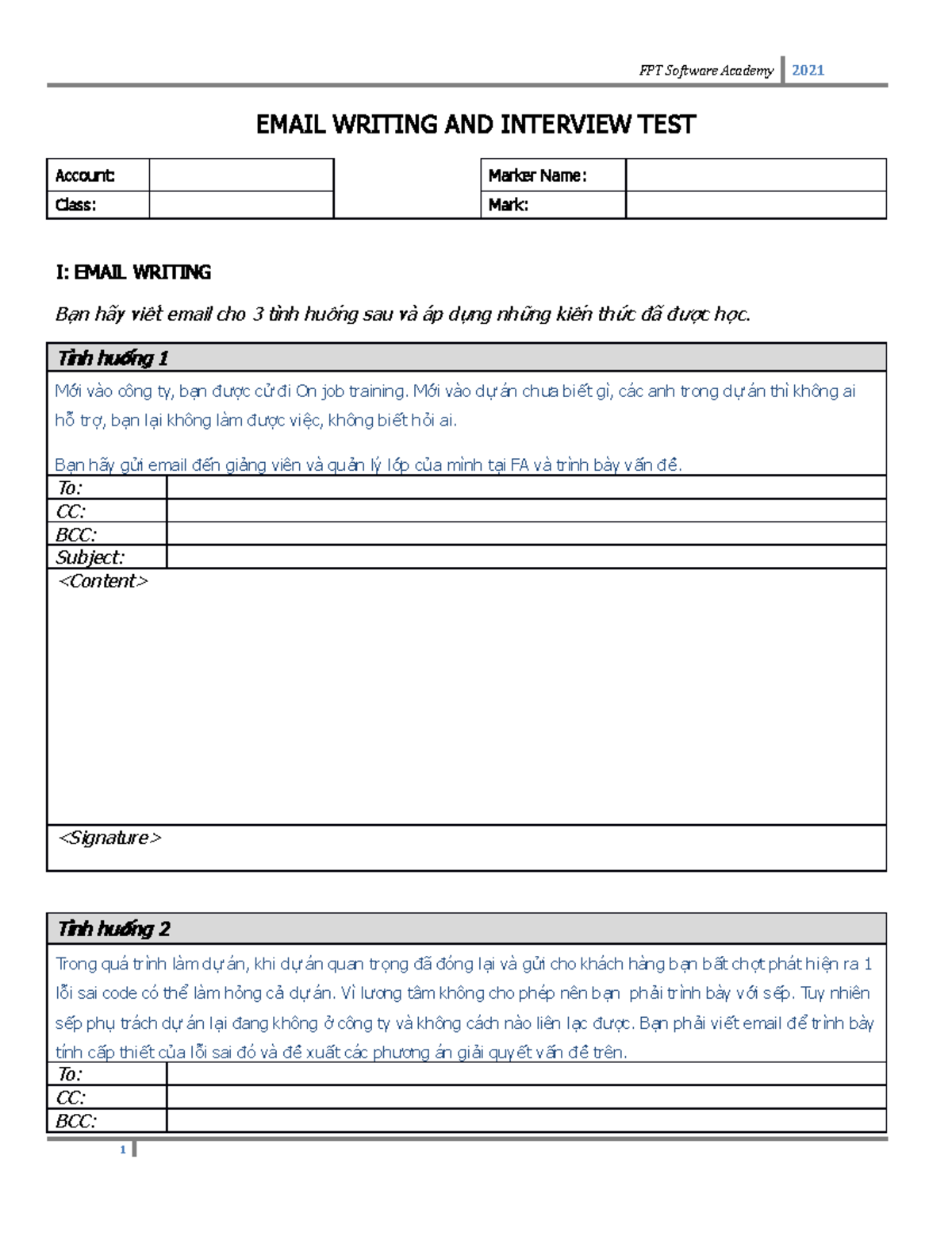Emailwriting Test - fdsfsf - FPT Software Academy 2021 EMAIL WRITING ...