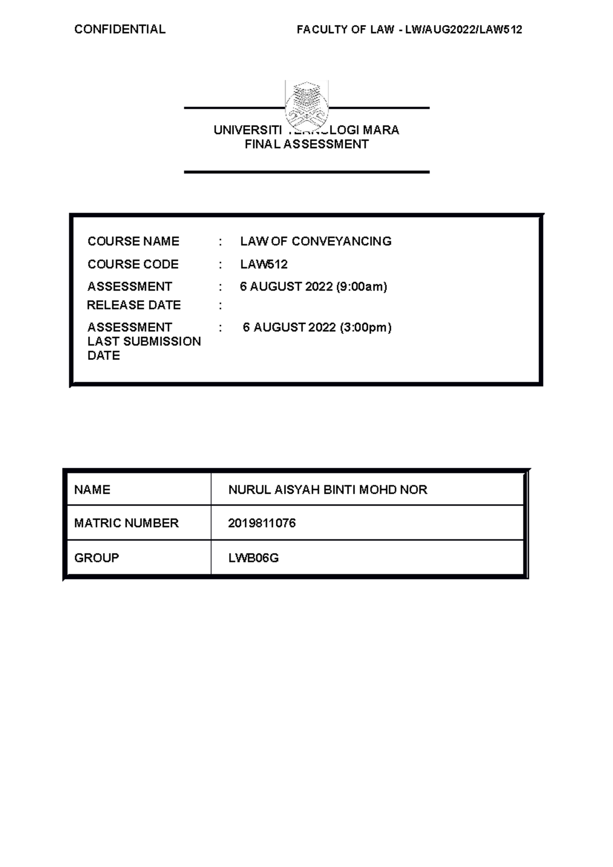 LAW512-LWB06G- Nurul Aisyah Binti MOHD NOR- Answer Script ...
