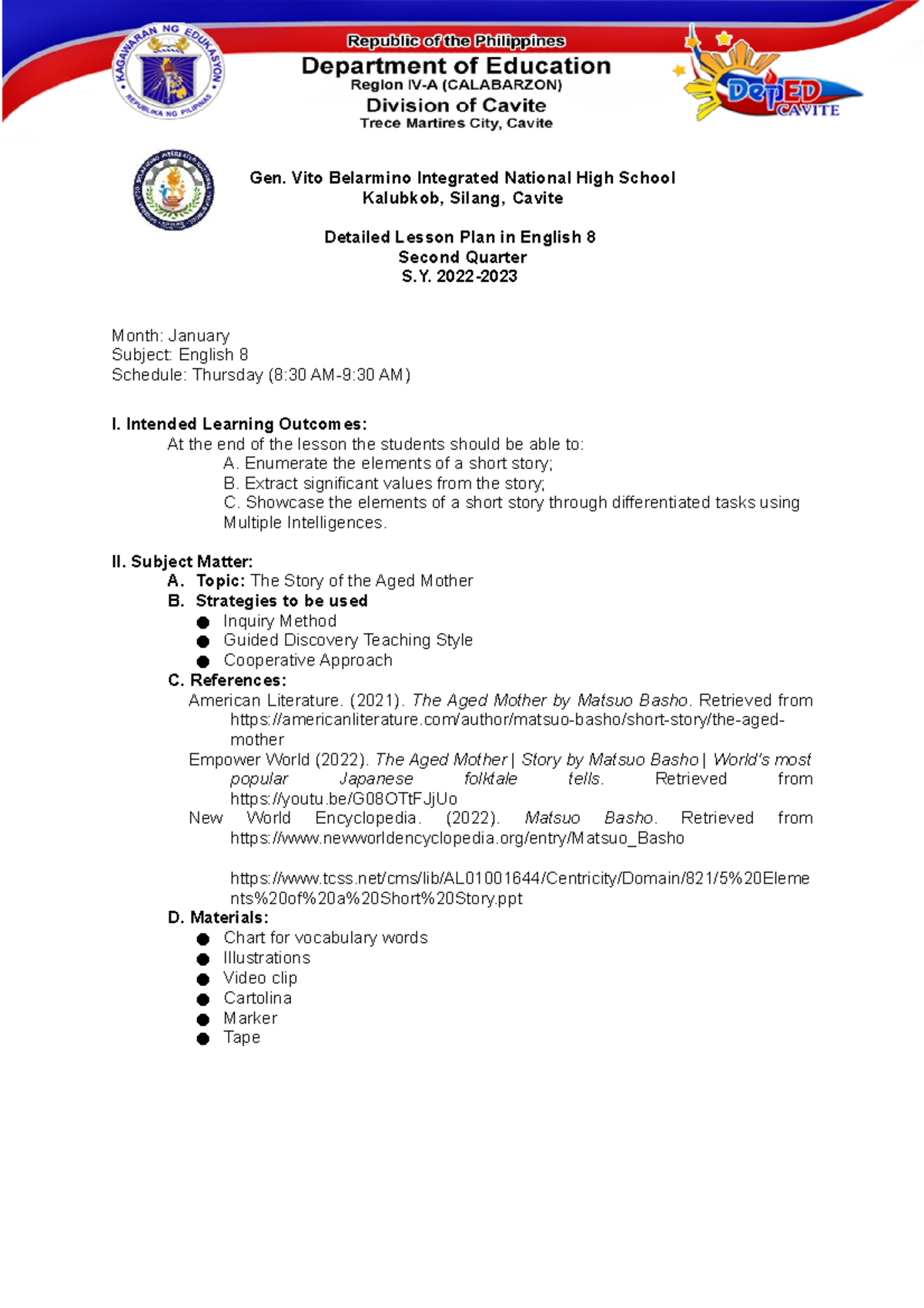 DLP 0 - demo lesson plan - Gen. Vito Belarmino Integrated National High ...
