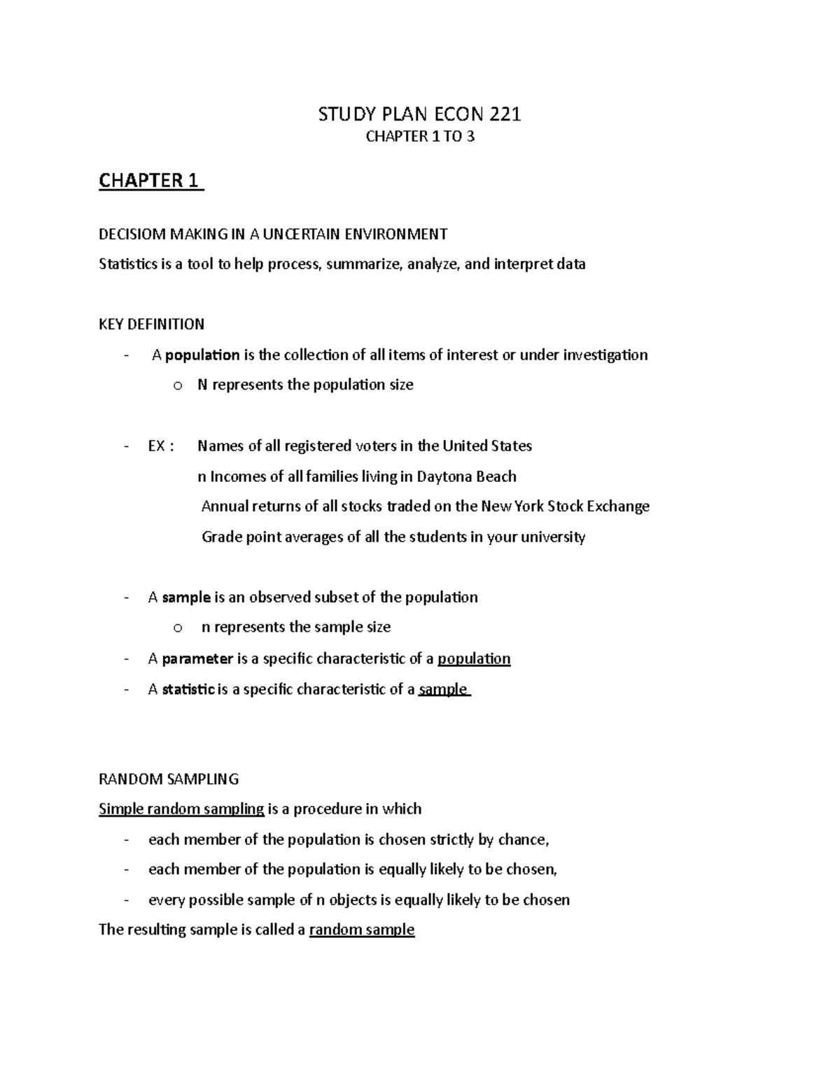 Study PLAN ECON 221 - STUDY PLAN ECON 221 CHAPTER 1 TO 3 CHAPTER 1 DECISIOM MAKING IN A ...