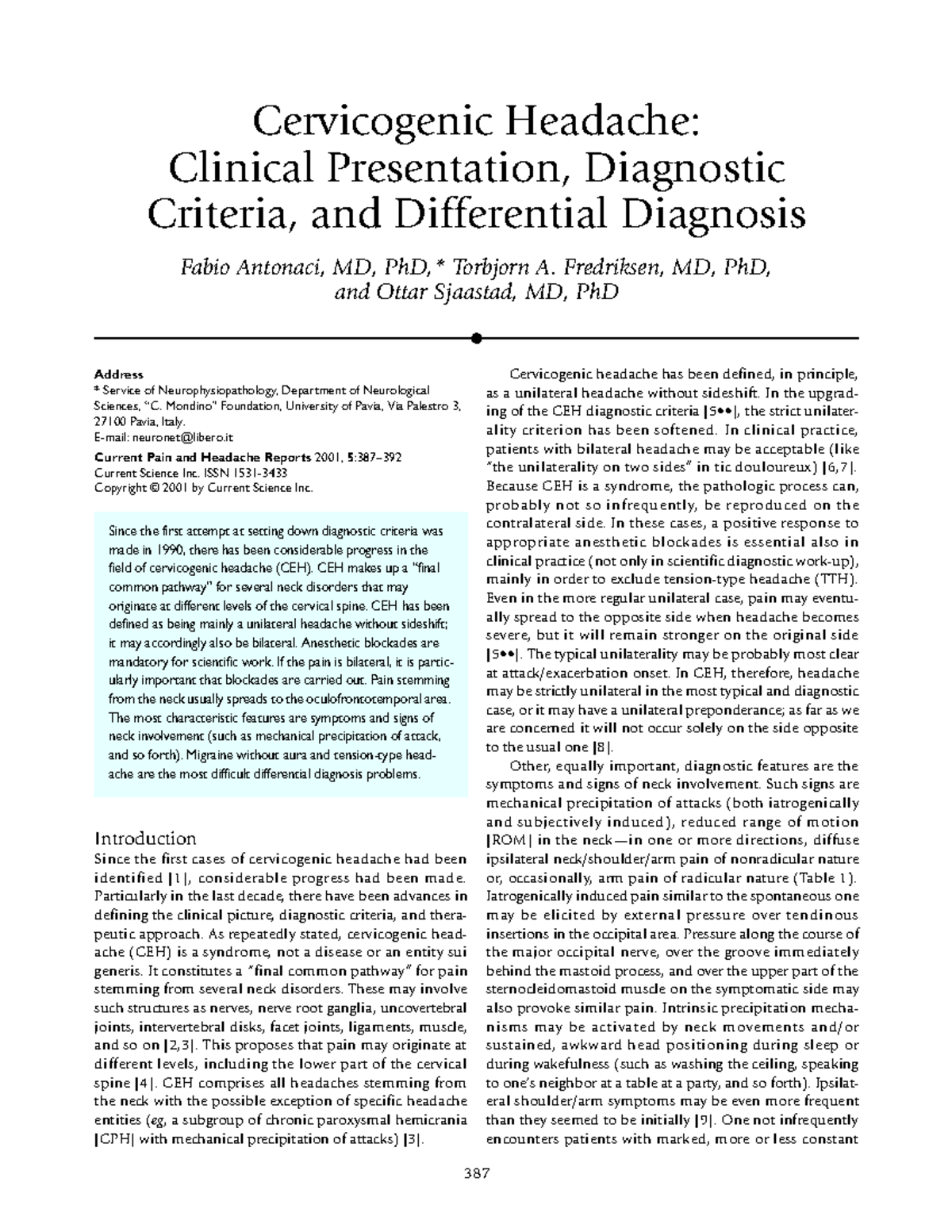 Cervicogenic headache Clinical presentation, diagnostic criteria, and ...