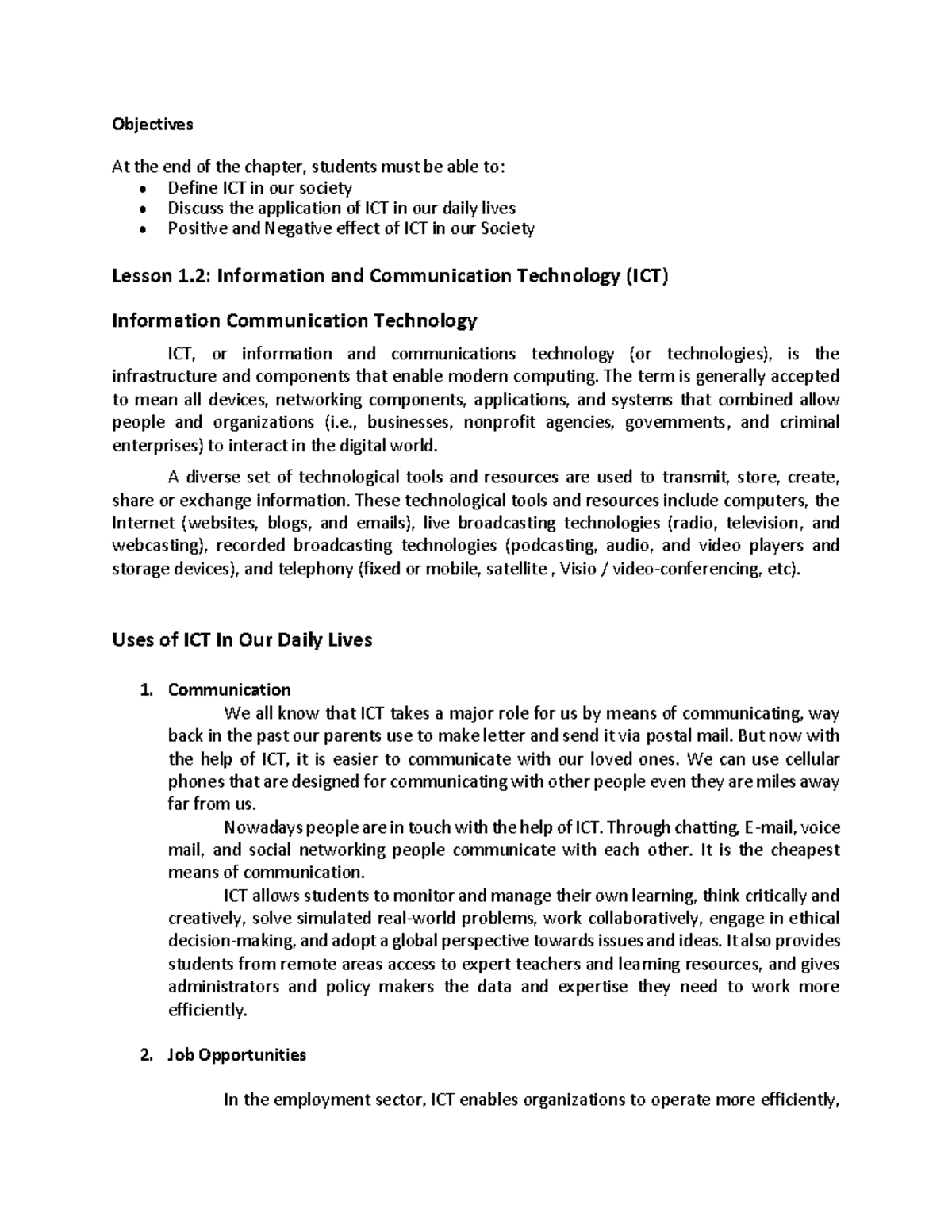 IT100-1 - Intro to ICT - Objectives At the end of the chapter, students ...