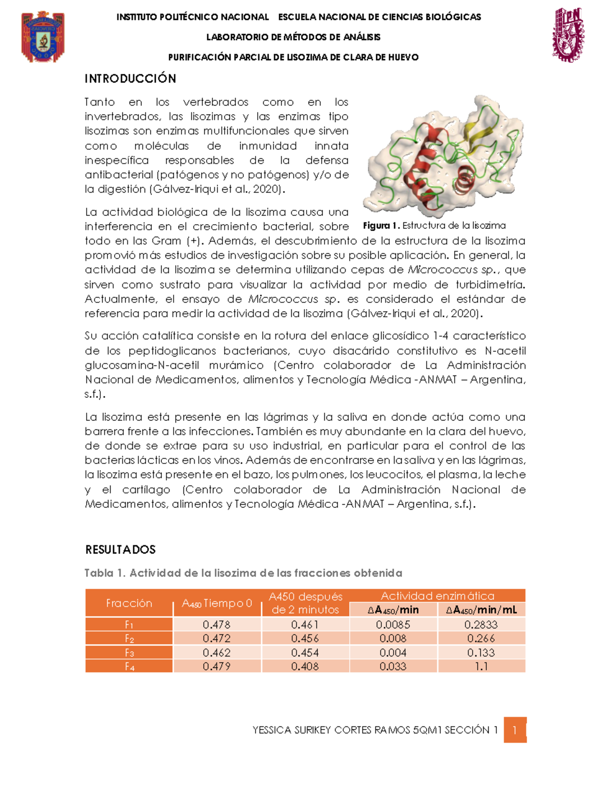 Purificacion Parcial DE Lisozima DE Clara DE Huevo - LABORATORIO DE MÉTODOS DE ANÁLISIS ...