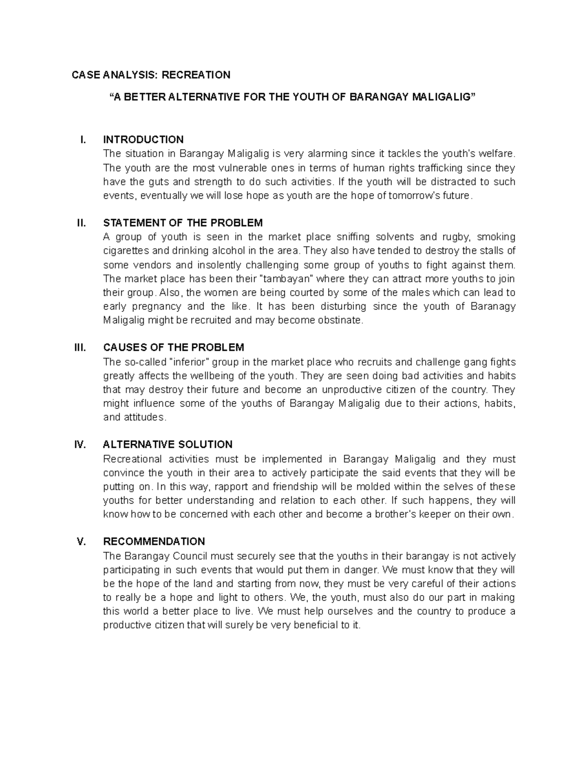 CASE Analysis On NSTP Case Analysis CASE ANALYSIS RECREATION A