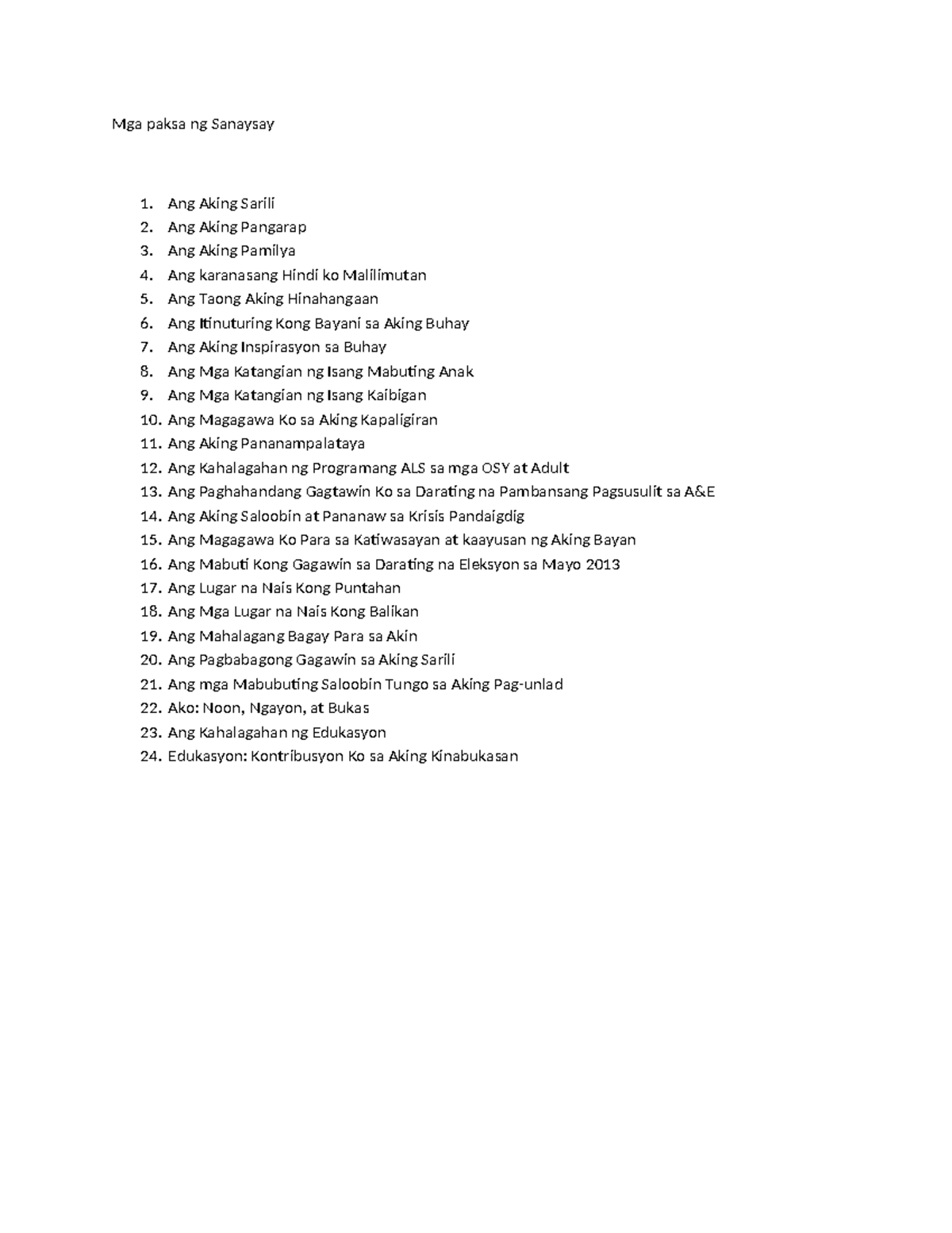 232520363 Mga Paksa ng Sanaysay - Mga paksa ng Sanaysay 1. Ang Aking ...