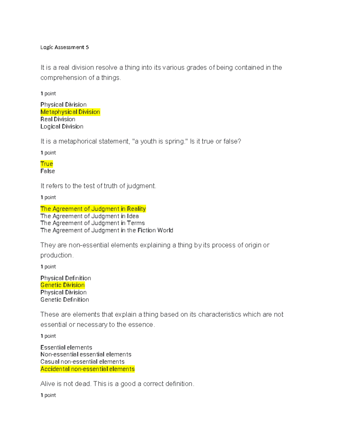 Logic Assessment 5 - 1 point Physical Division Metaphysical Division ...