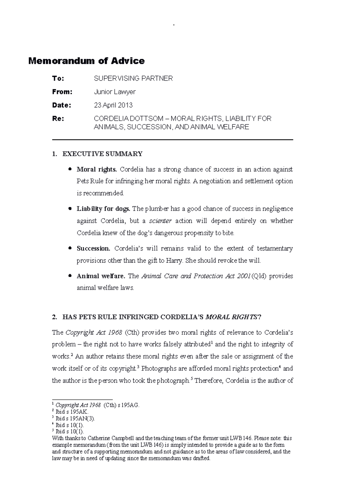 Memorandum of advice - Memorandum of Advice To: SUPERVISING PARTNER ...
