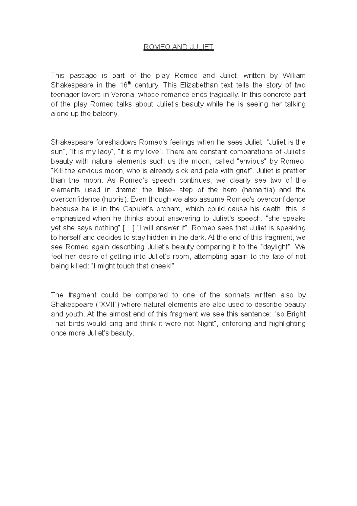 Romeo AND Juliet - Notes. - ROMEO AND JULIET This passage is part of ...