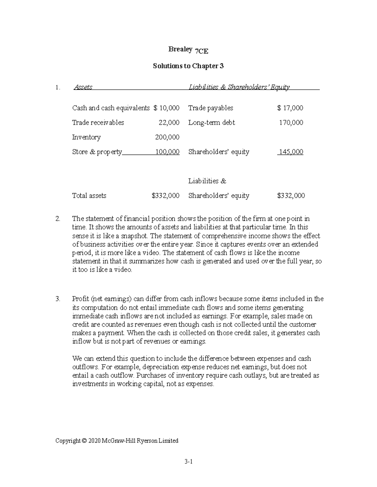 Ch03 - Solutions to Chapter 3 exercises - Brealey 7CE Solutions to Chapter 3 Assets Liabilities ...