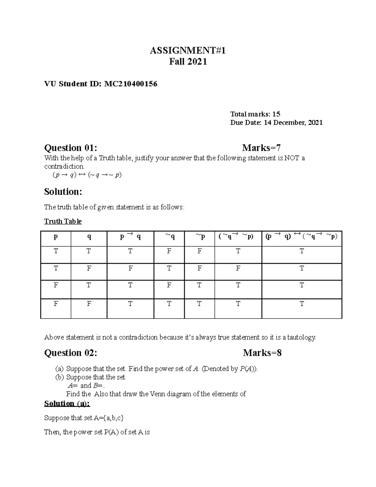 Assignments and quiz of discrete mathematics - ASSIGNMENT# Fall 2021 VU Student ID: MC Total ...