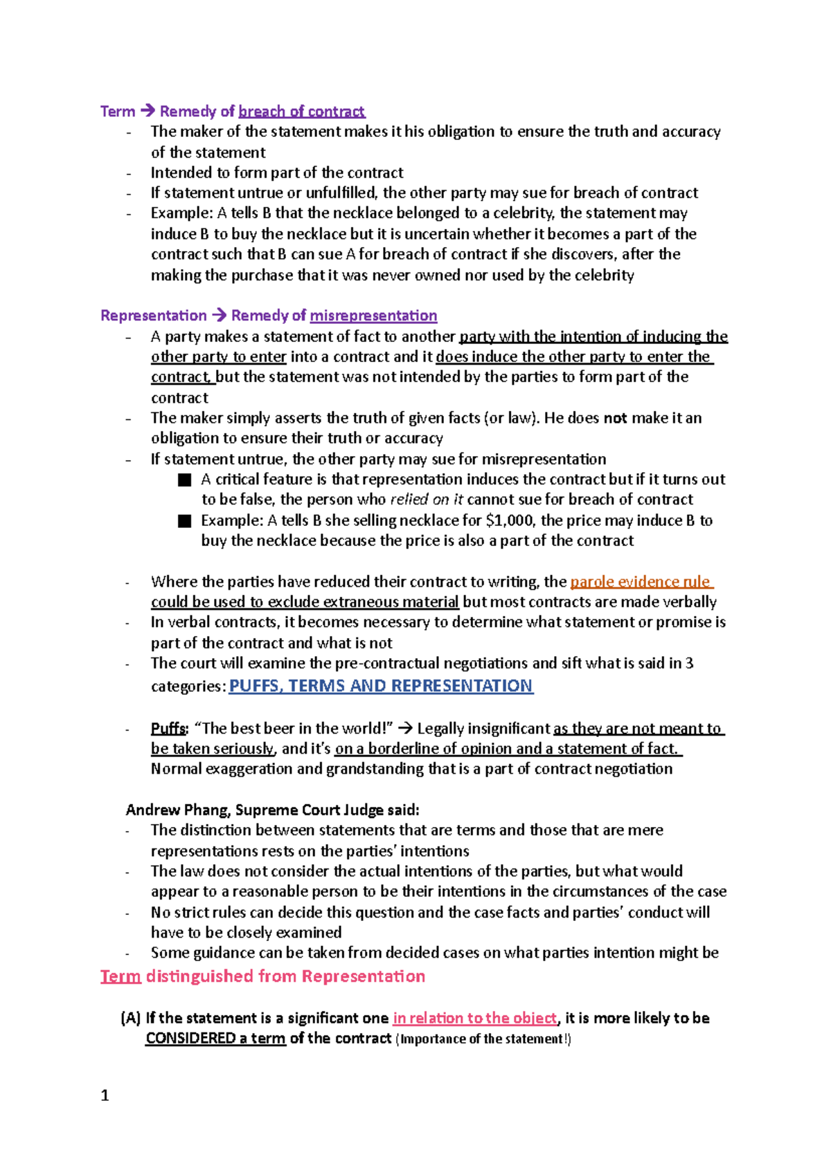 Week 5 Notes - Terms of the Contract & Exemption Clause - Term Remedy ...