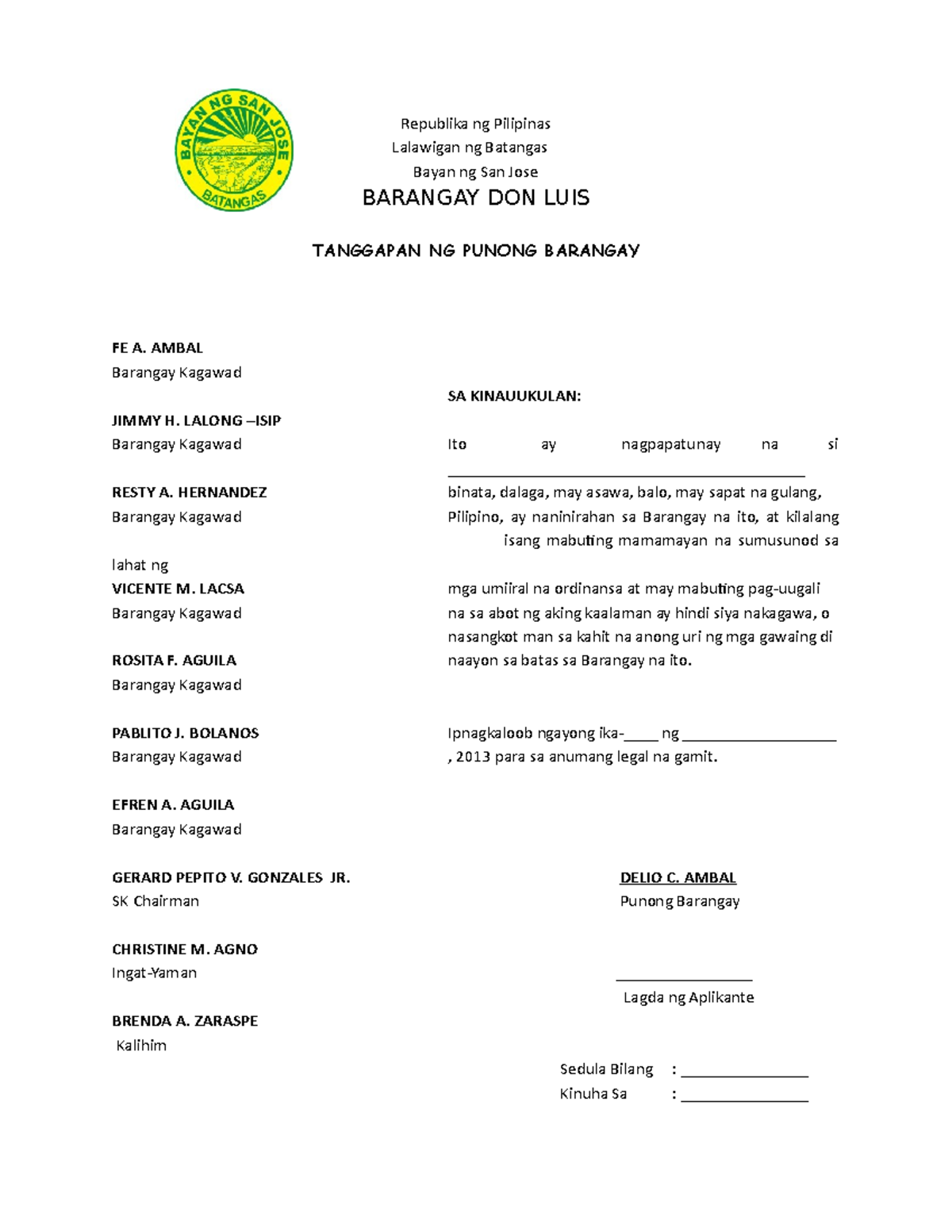 Barangay klirans - ASDF - Republika ng Pilipinas Lalawigan ng Batangas ...