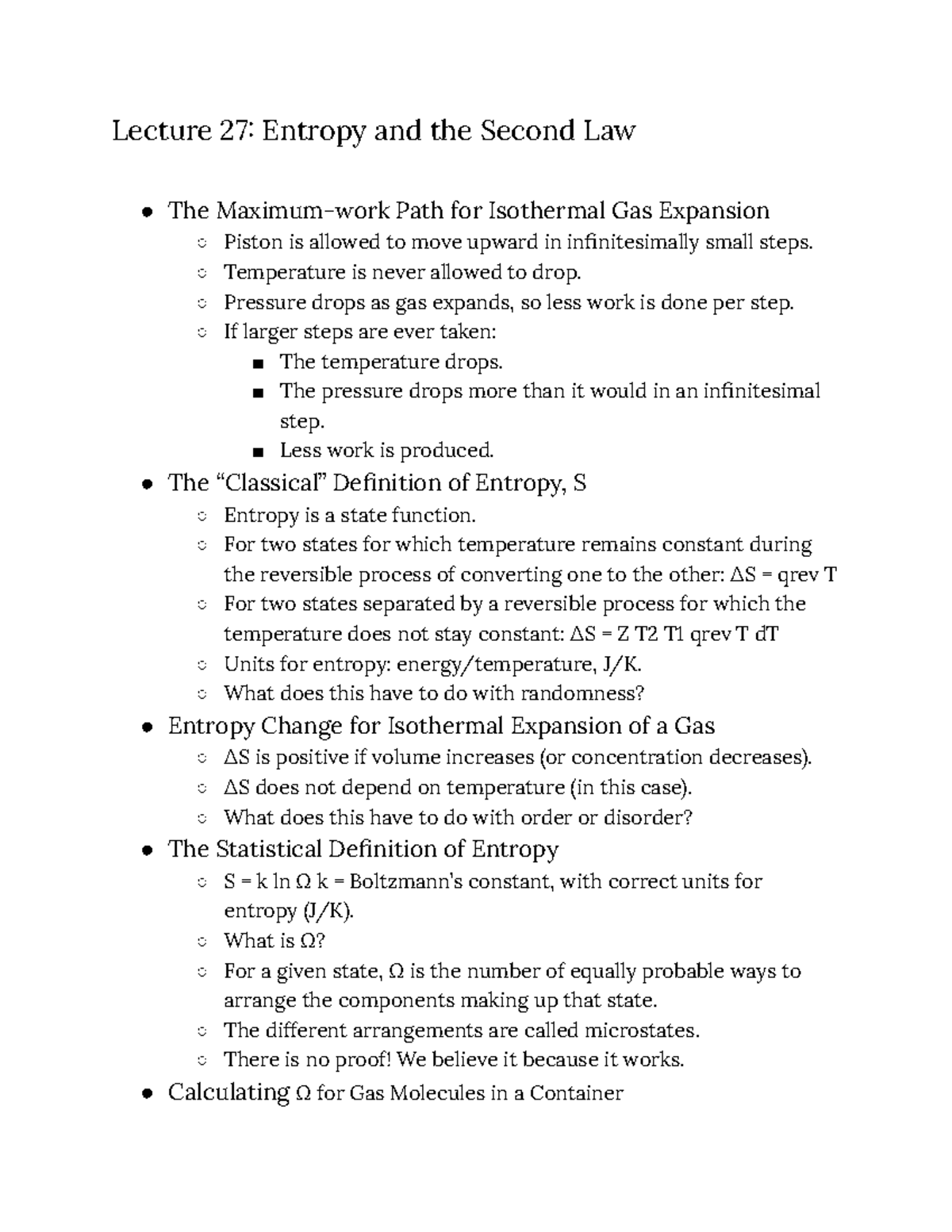 Biology 3550 Notes Lecture 27 11 7 - Lecture 27 Entropy and the Second ...