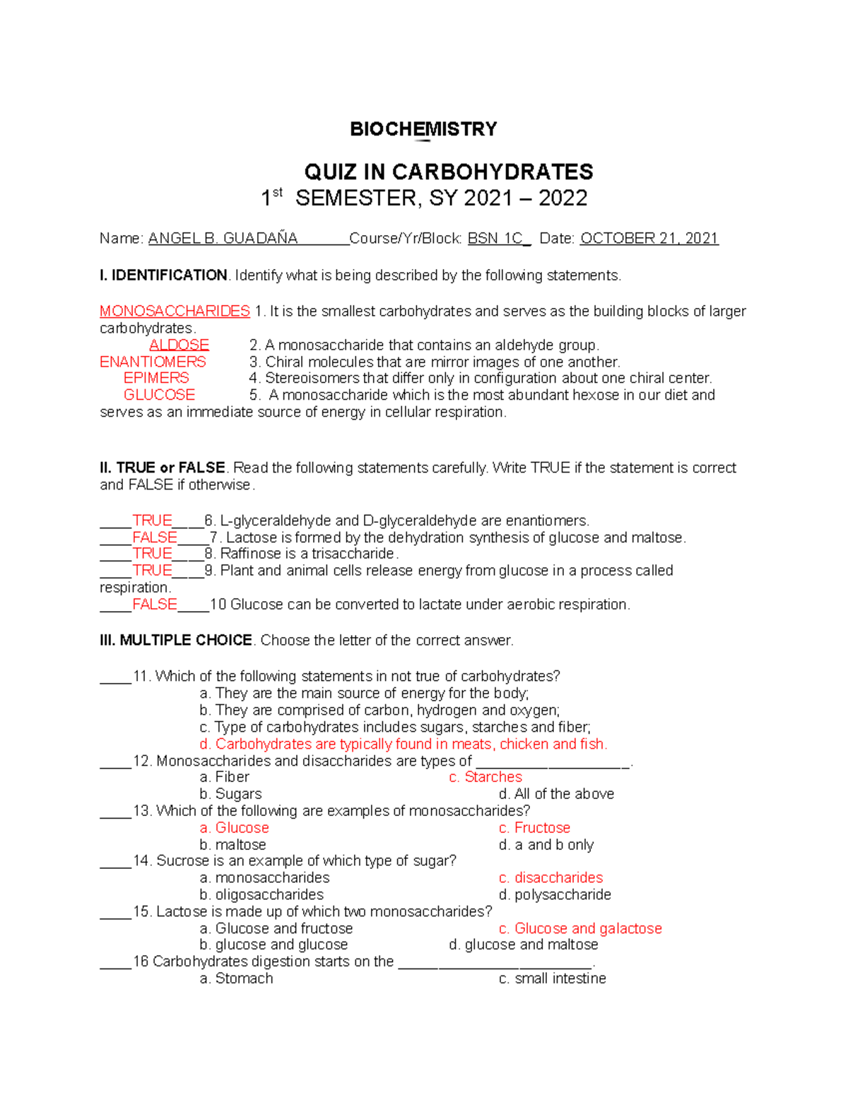 Biochemistry - biochem - BIOCHEMISTRY QUIZ IN CARBOHYDRATES 1 st ...