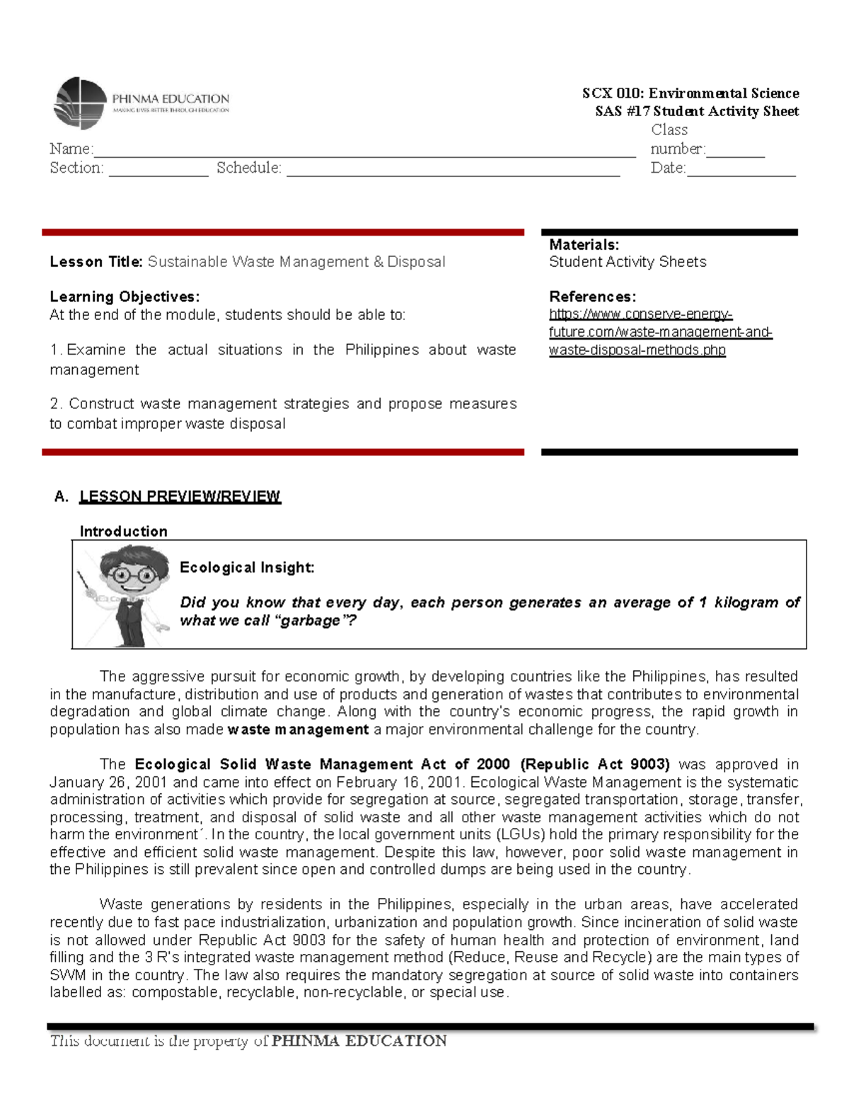 Sustainable Waste Management & Disposal - SAS # 17 Student Activity ...