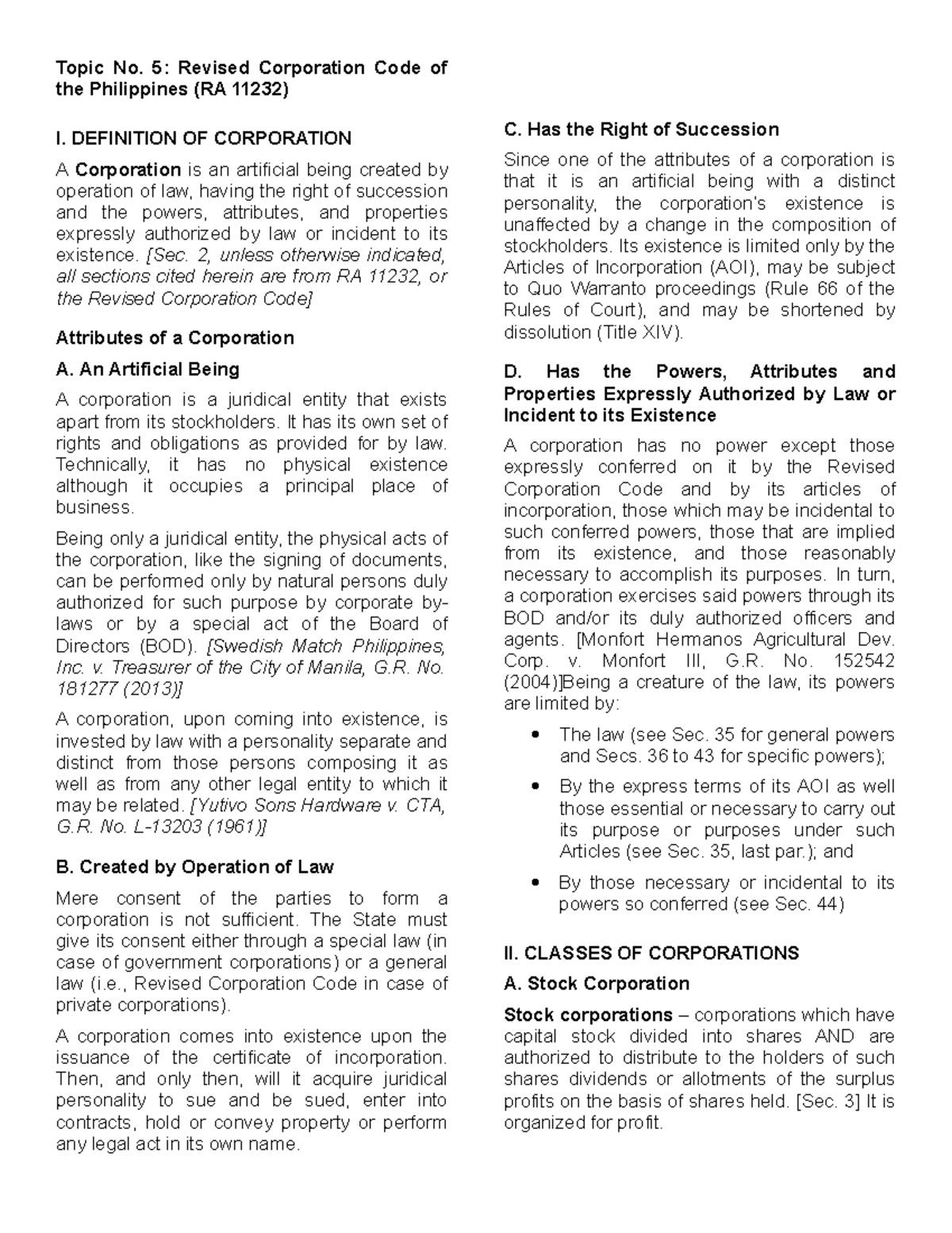 Corporations Notes Part 1 - Topic No. 5: Revised Corporation Code of ...