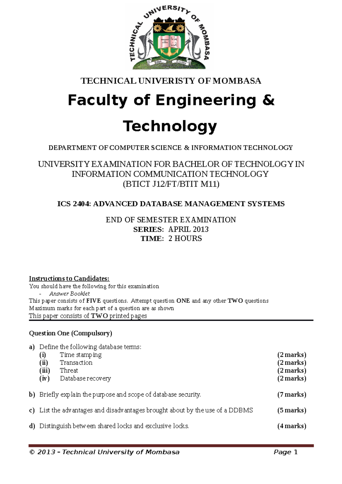 ICS 2404 Advanced Database Management Systems - TECHNICAL UNIVERISTY OF ...
