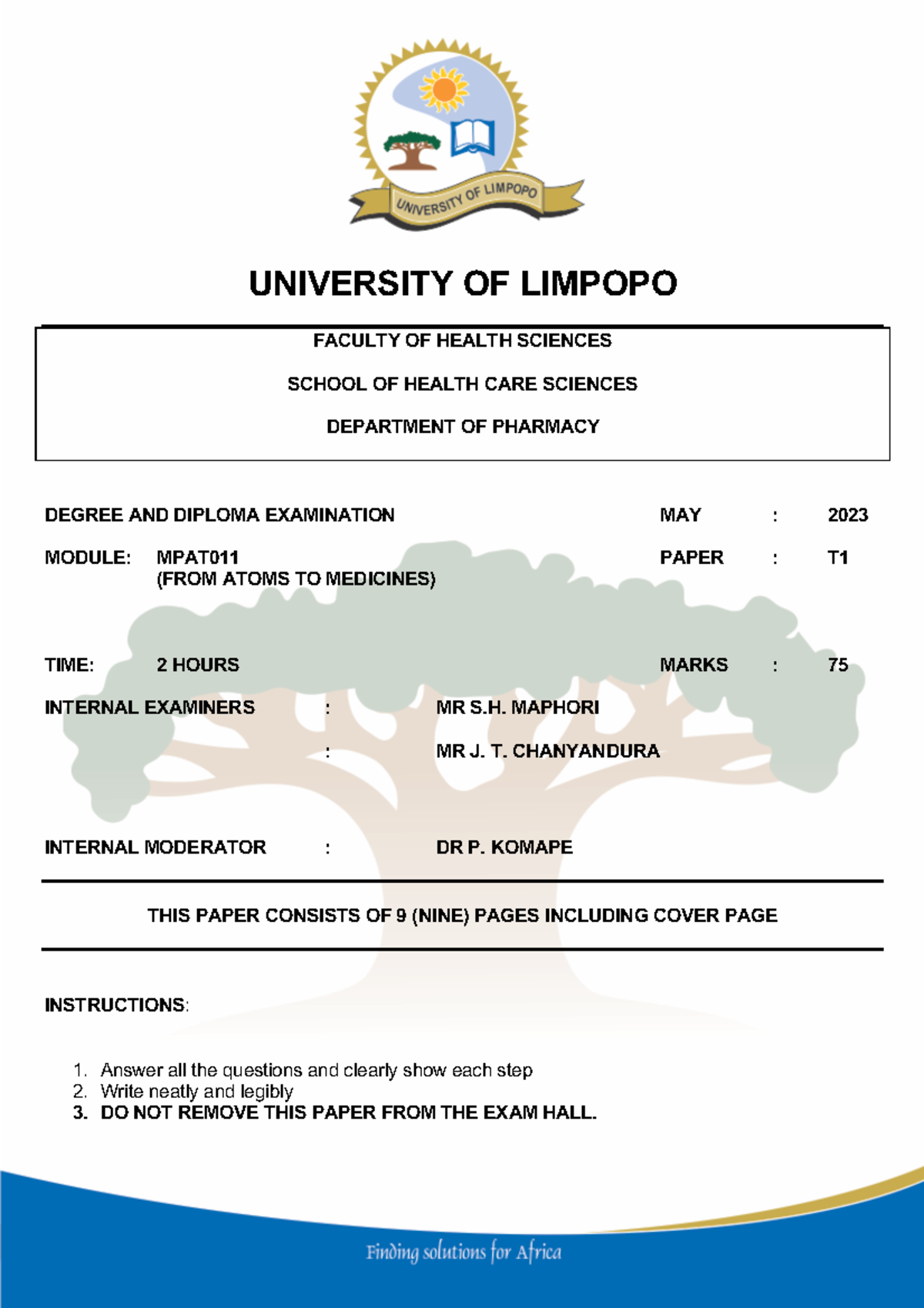 MAIN- Final - Exam practice - UNIVERSITY OF LIMPOPO FACULTY OF HEALTH ...
