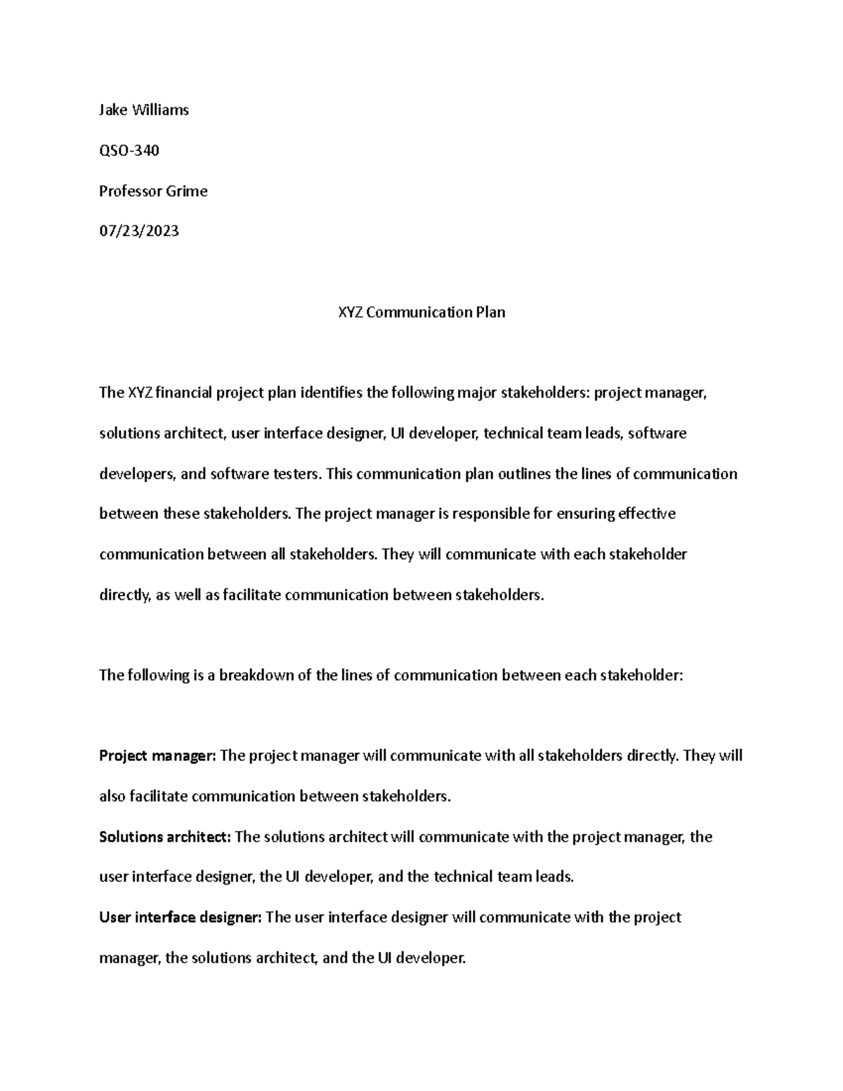 XYZ Communication Plan JW - Jake Williams QSO- Professor Grime 07/23 ...