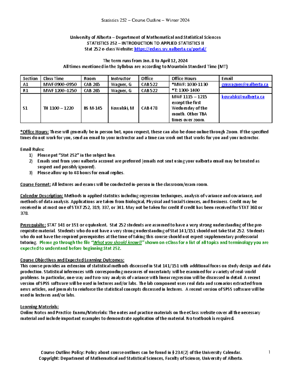 Stat 252 2024 Winter Common Syllabus Course Outline Policy Policy About Course Outlines Can